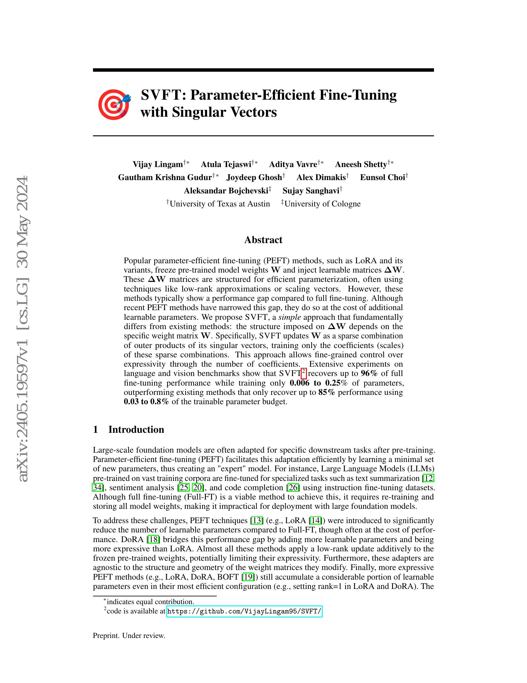 SVFT: Parameter-Efficient Fine-Tuning with Singular Vectors - 智源社区论文