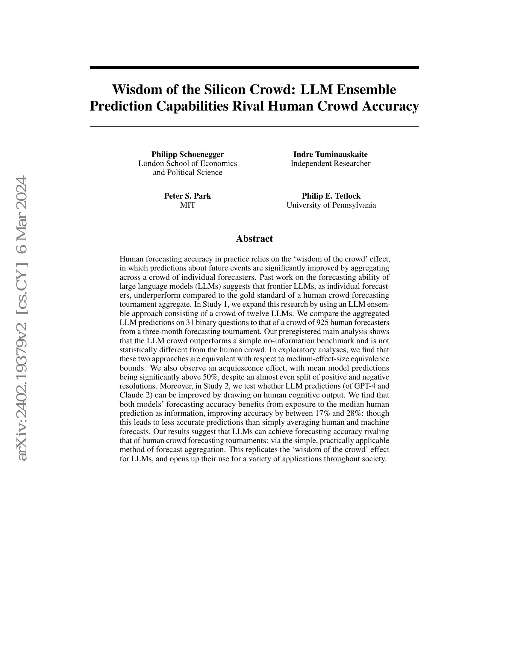 Wisdom of the Silicon Crowd: LLM Ensemble Prediction Capabilities Rival ...