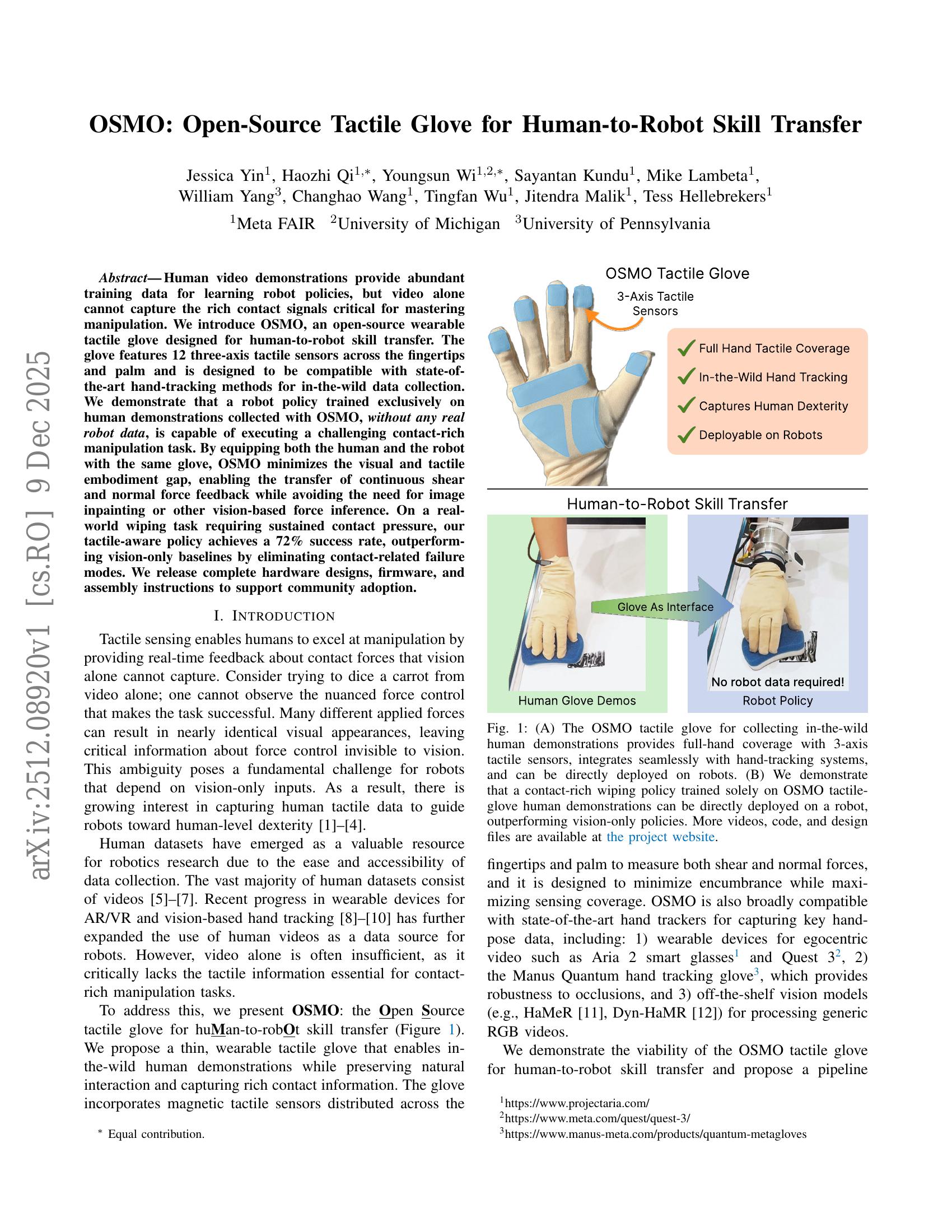 OSMO: Open-Source Tactile Glove for Human-to-Robot Skill Transfer - 智源社区论文