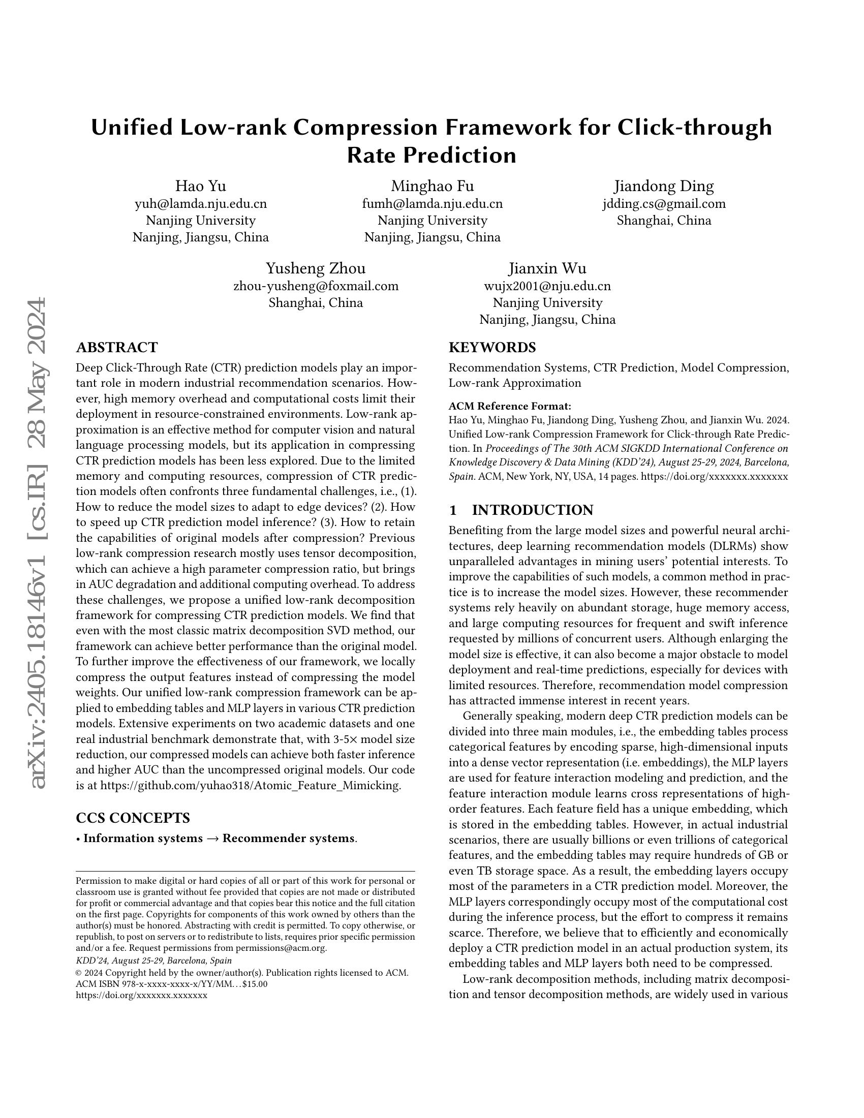 Unified Low-rank Compression Framework for Click-through Rate Prediction - 智源社区论文