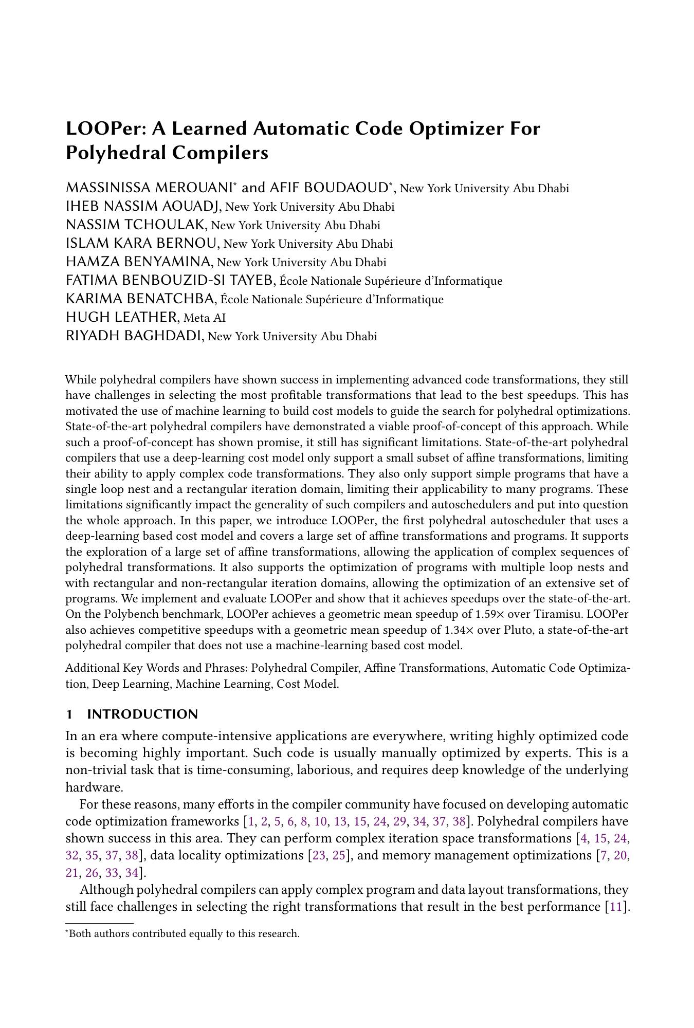 LOOPer: A Learned Automatic Code Optimizer For Polyhedral Compilers - 智源社区论文
