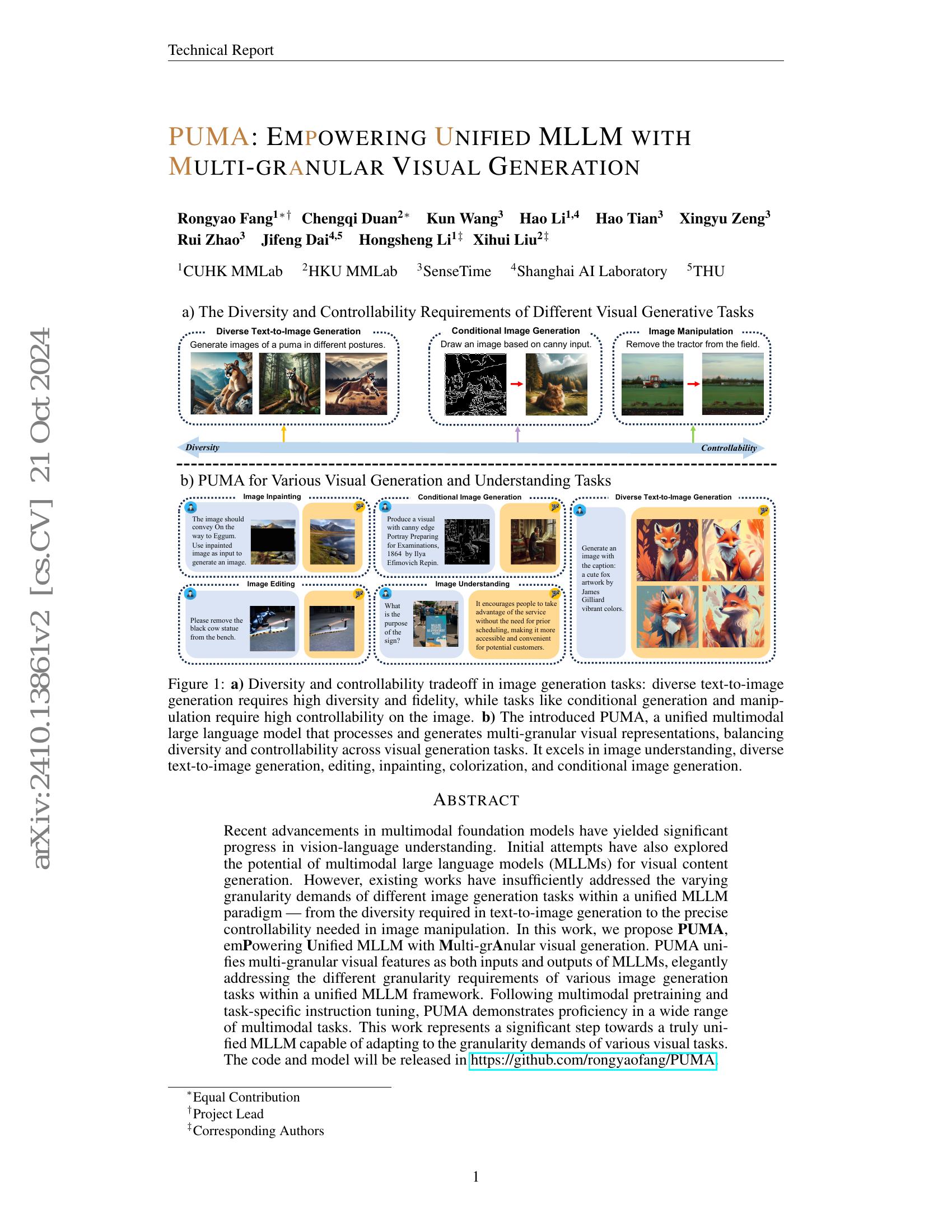 PUMA: Empowering Unified MLLM with Multi-granular Visual Generation - 智源社区论文