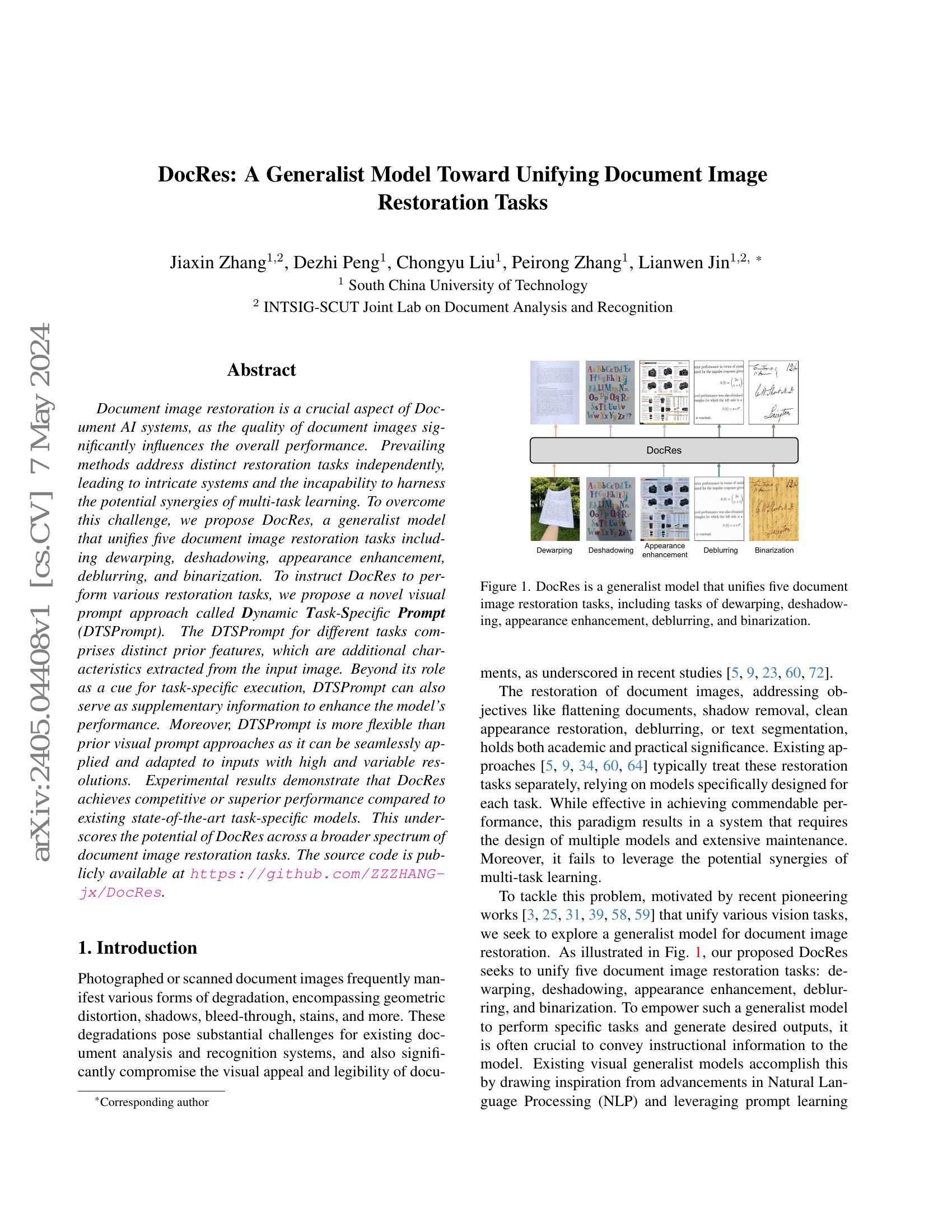 DocRes: A Generalist Model Toward Unifying Document Image Restoration Tasks - 智源社区论文