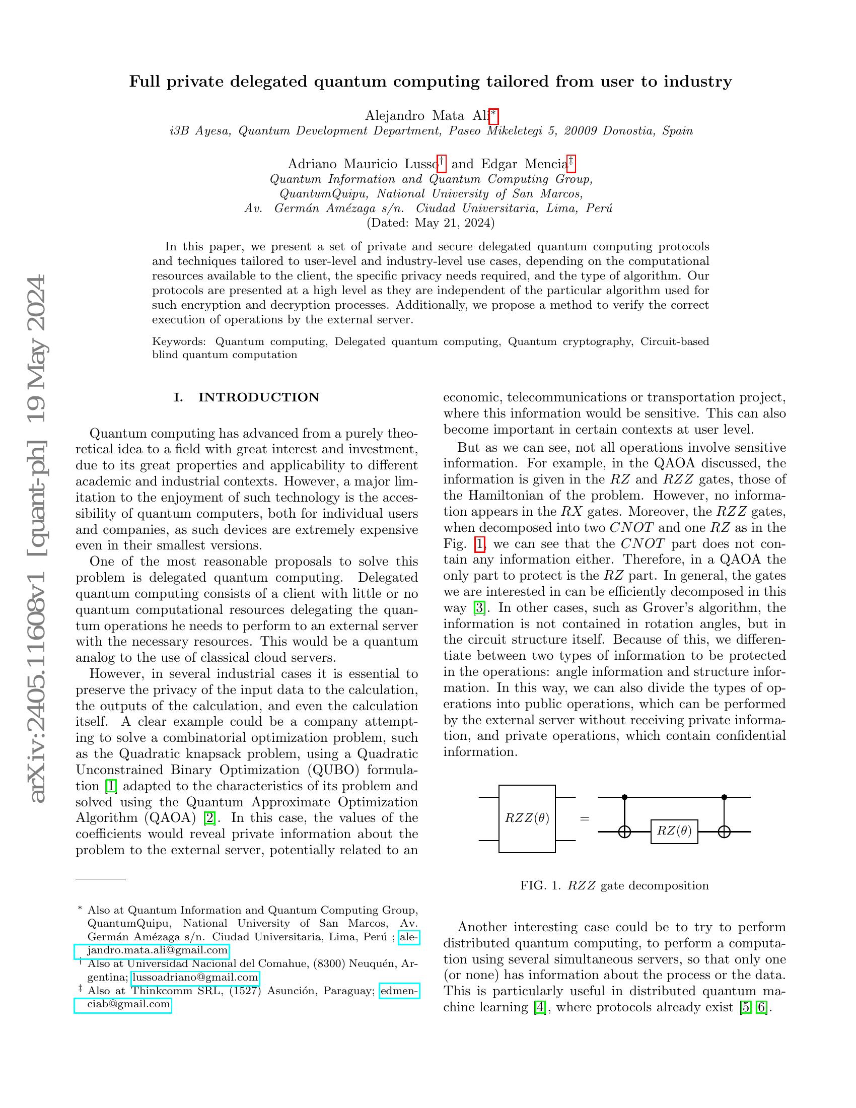 Full private delegated quantum computing tailored from user to industry ...