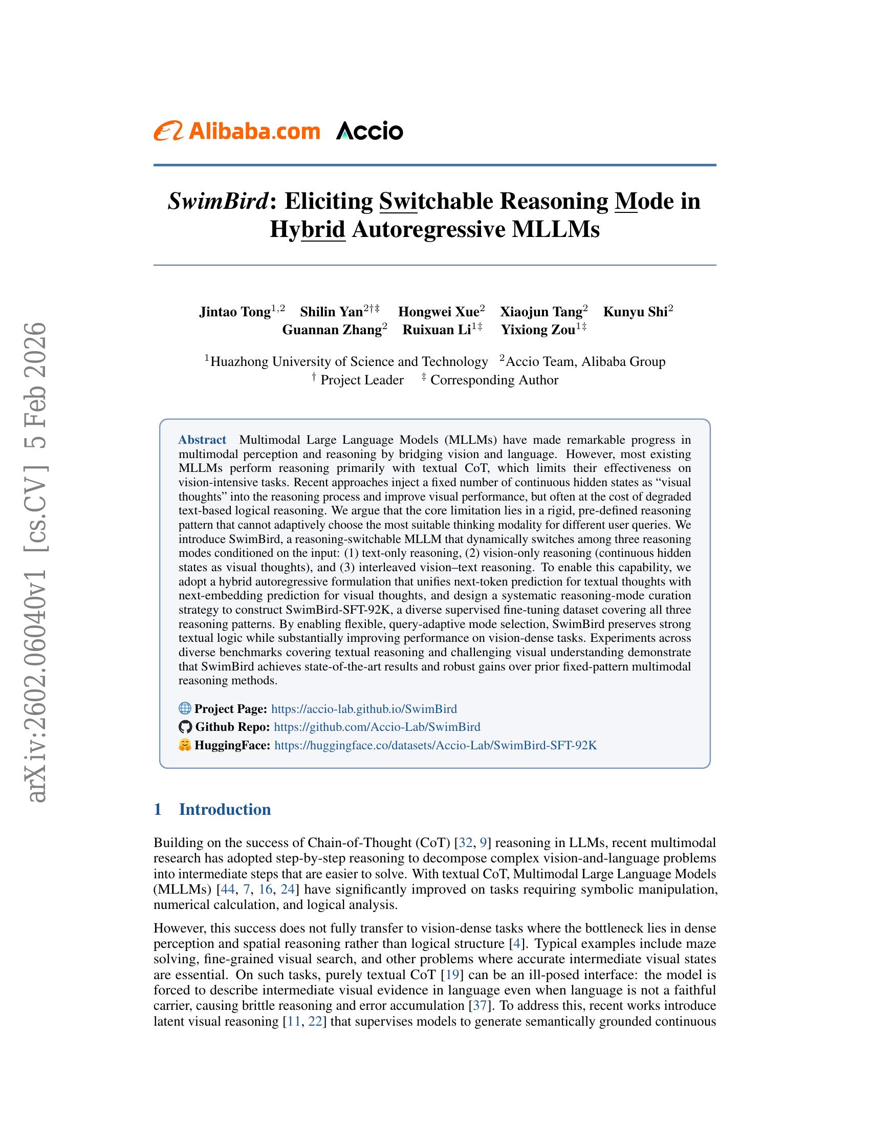 SwimBird: Eliciting Switchable Reasoning Mode in Hybrid Autoregressive ...