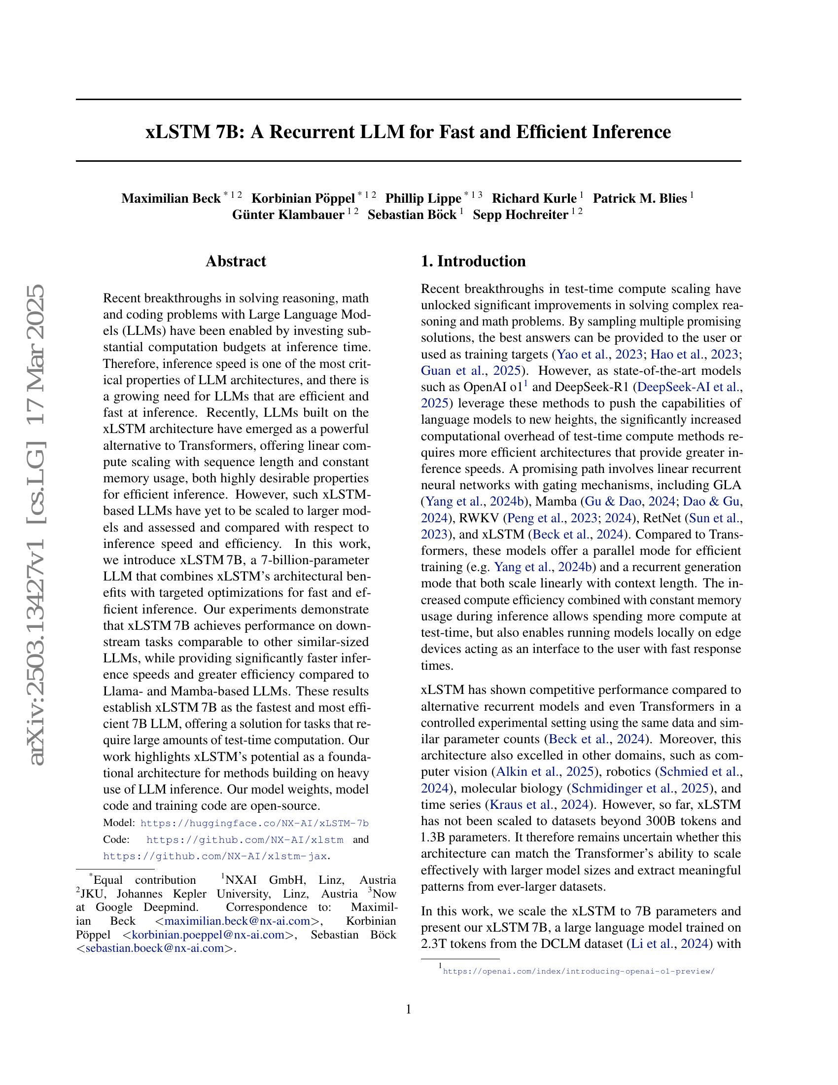 xLSTM 7B: A Recurrent LLM for Fast and Efficient Inference - 智源社区论文