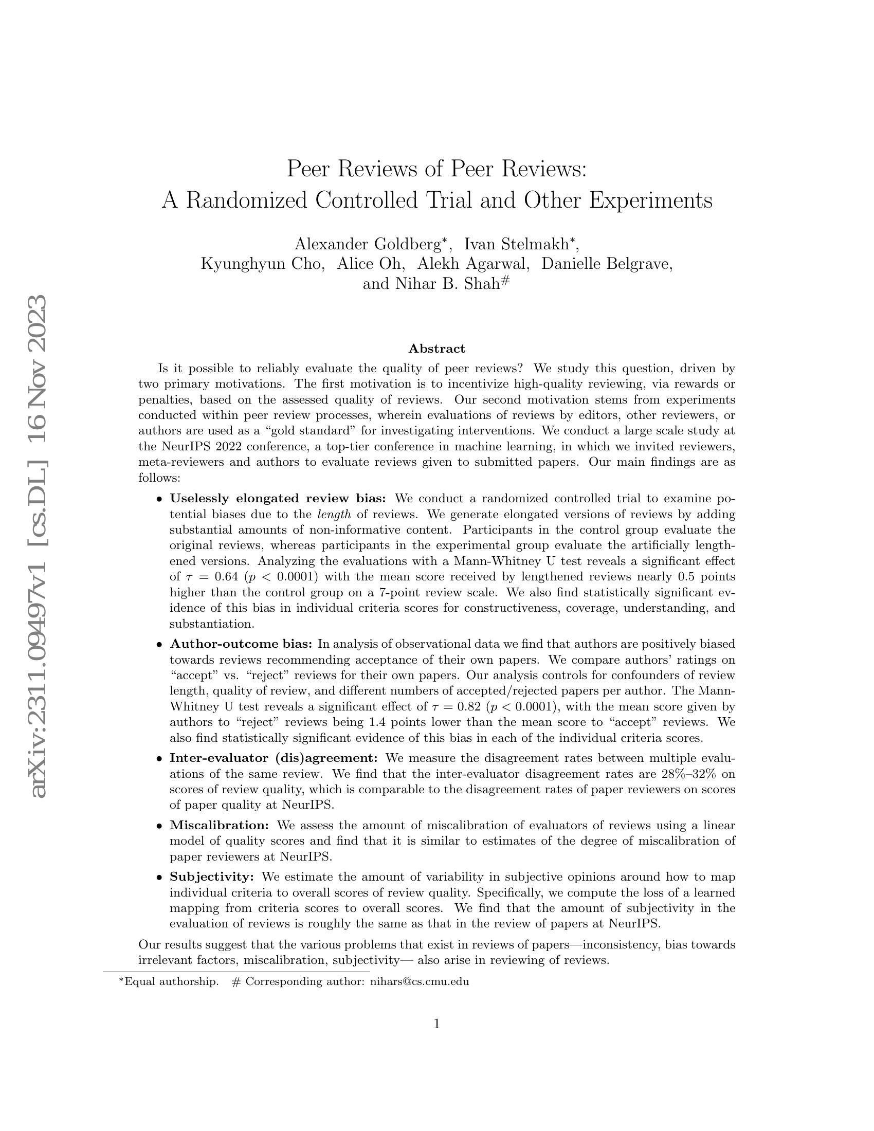 Peer Reviews of Peer Reviews: A Randomized Controlled Trial and Other Experiments - 智源社区论文