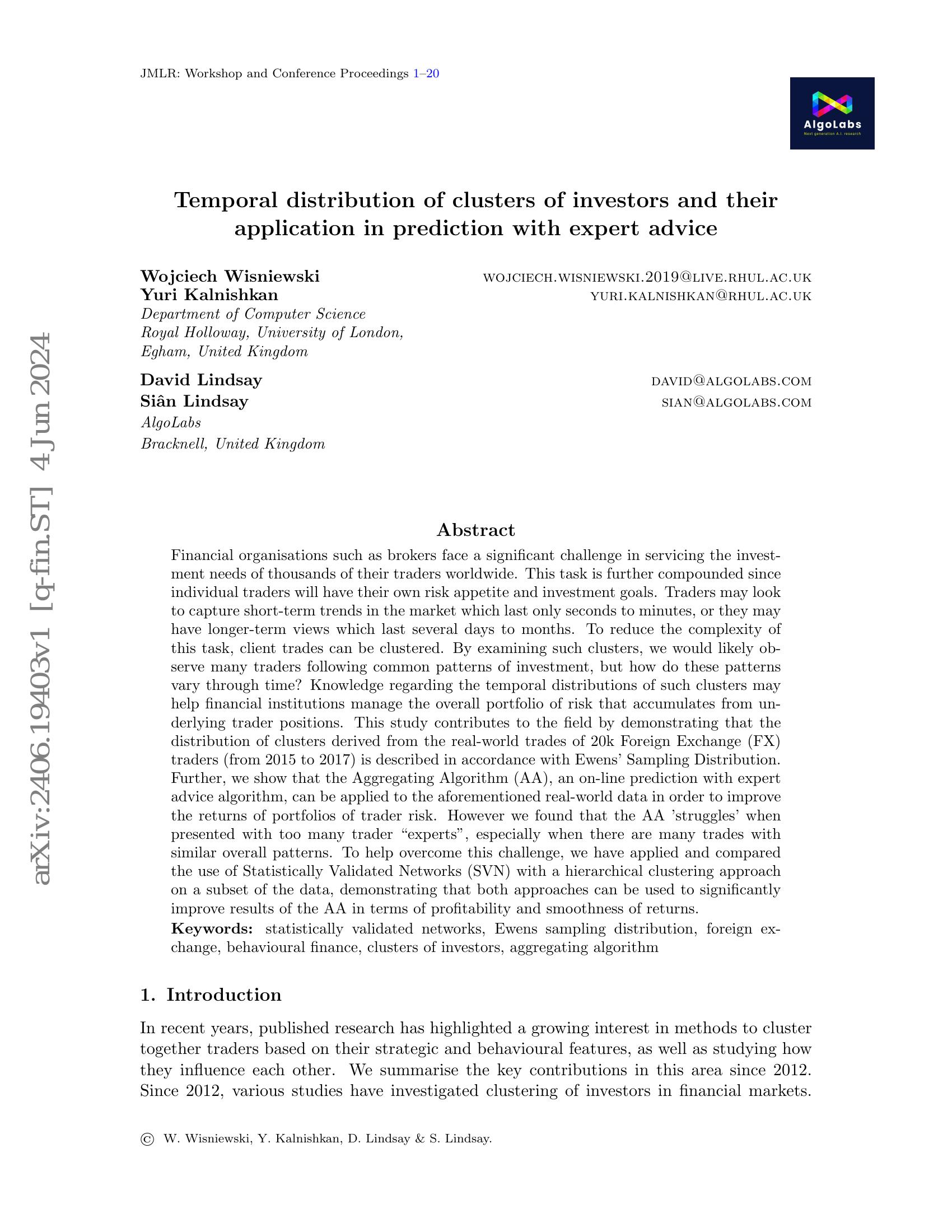 Temporal distribution of clusters of investors and their application in ...