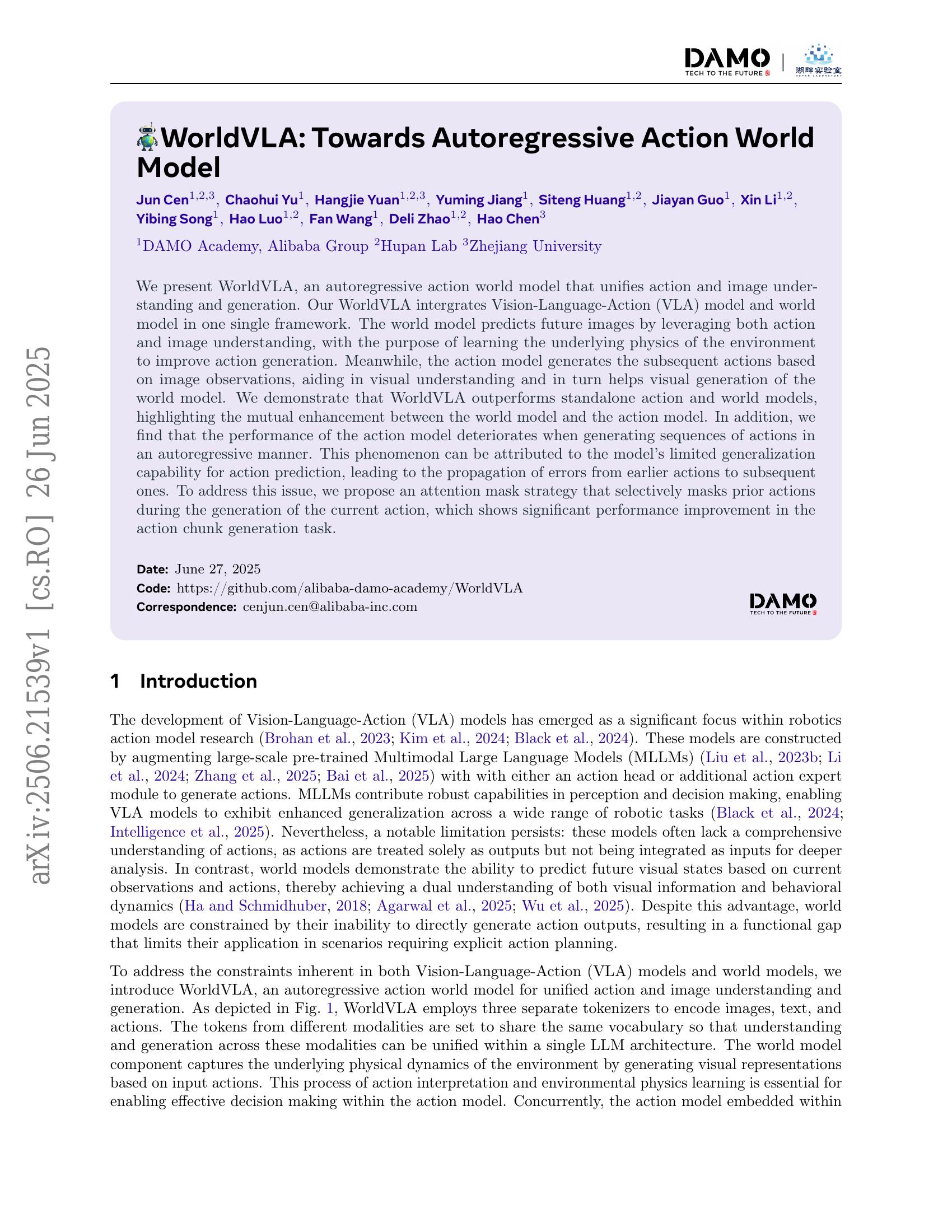 WorldVLA: Towards Autoregressive Action World Model - 智源社区论文