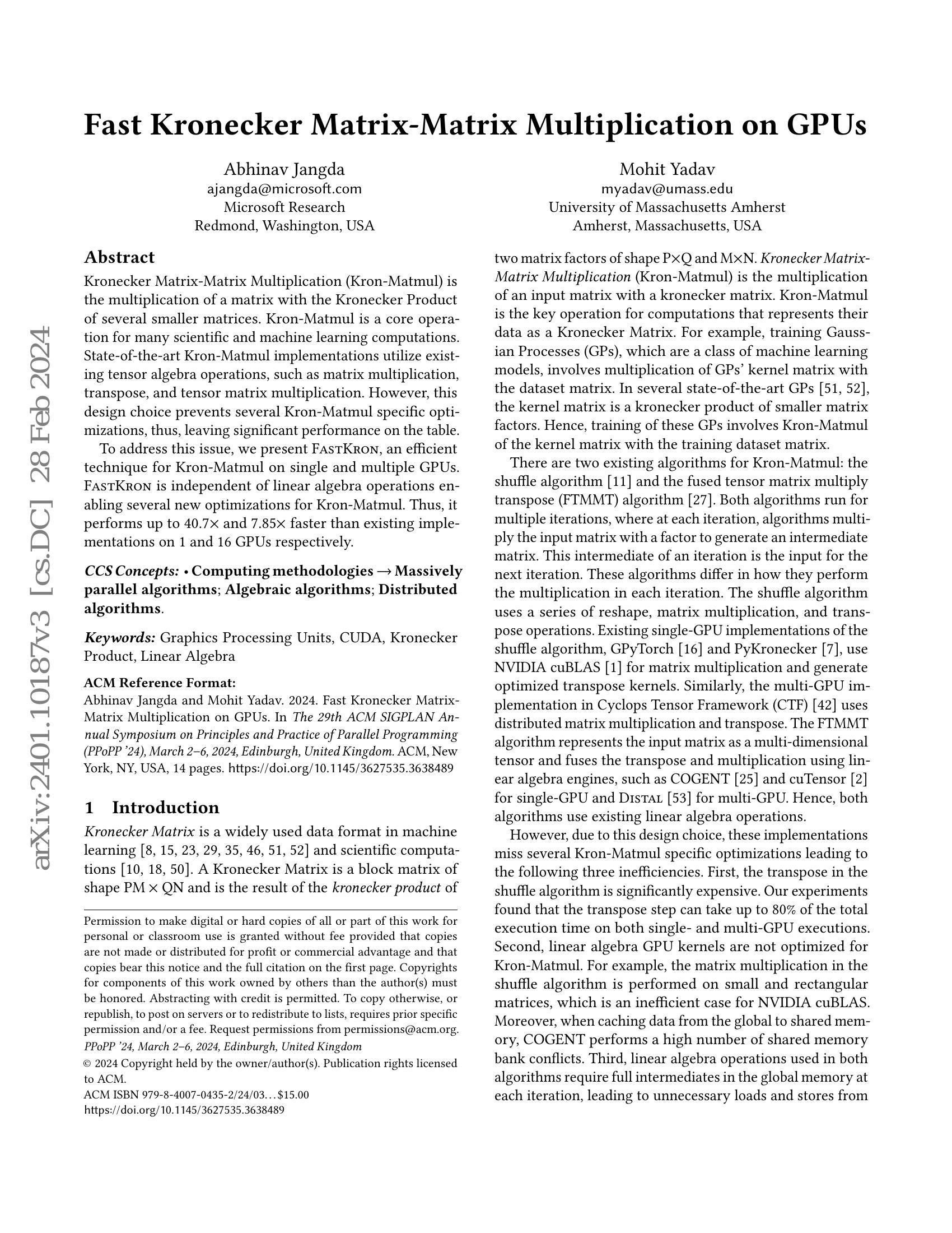 Fast Kronecker Matrix-Matrix Multiplication on GPUs - 智源社区论文