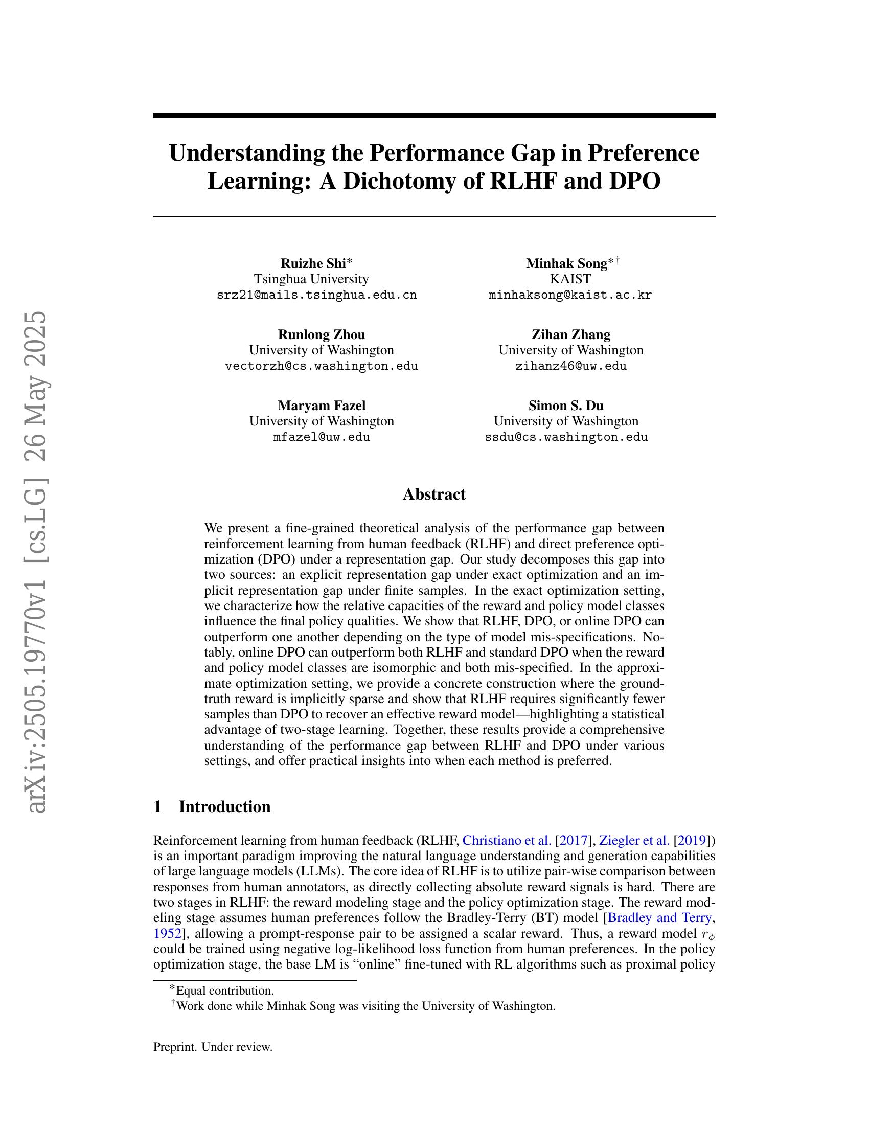 Understanding the Performance Gap in Preference Learning: A Dichotomy ...
