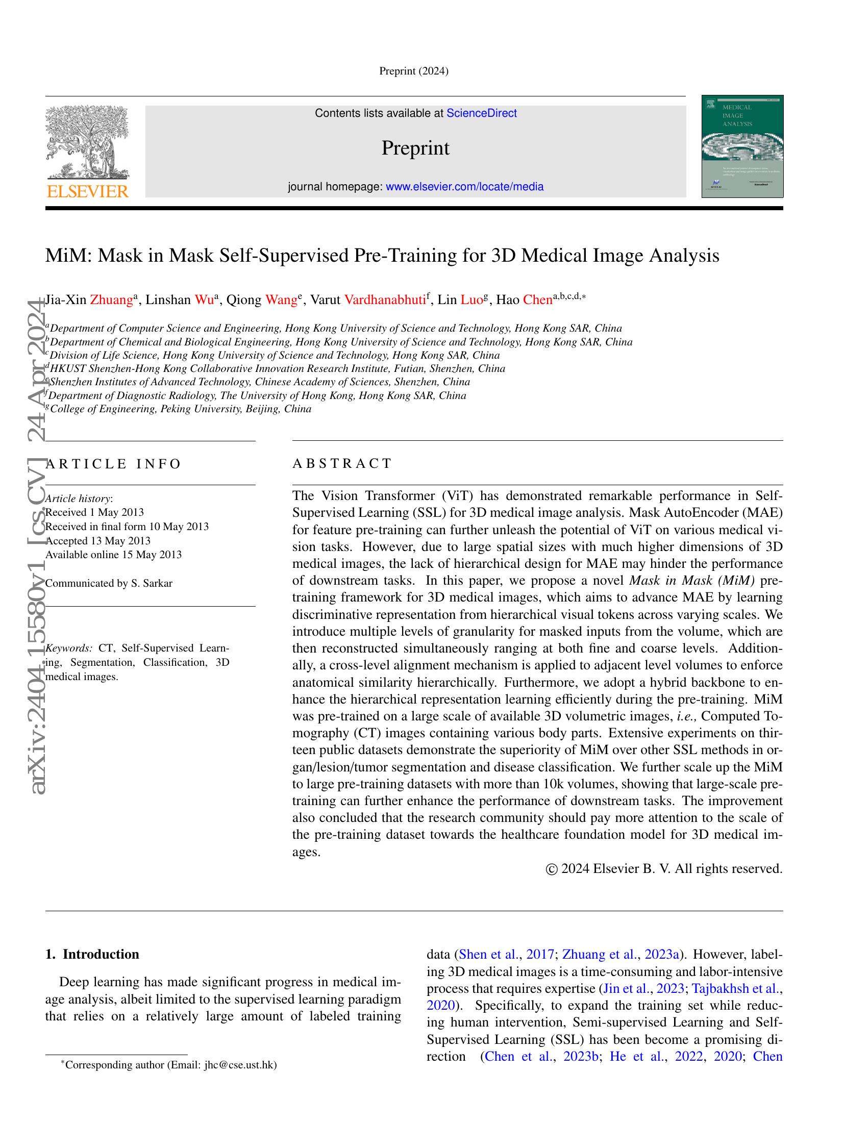 MiM: Mask in Mask Self-Supervised Pre-Training for 3D Medical Image ...