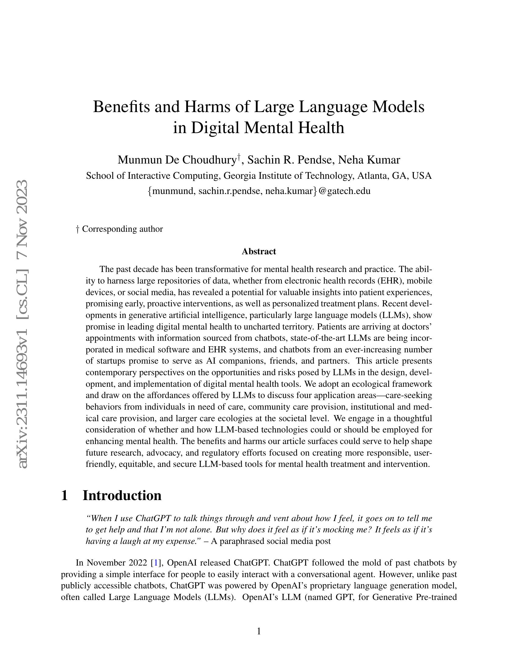 Benefits and Harms of Large Language Models in Digital Mental Health ...