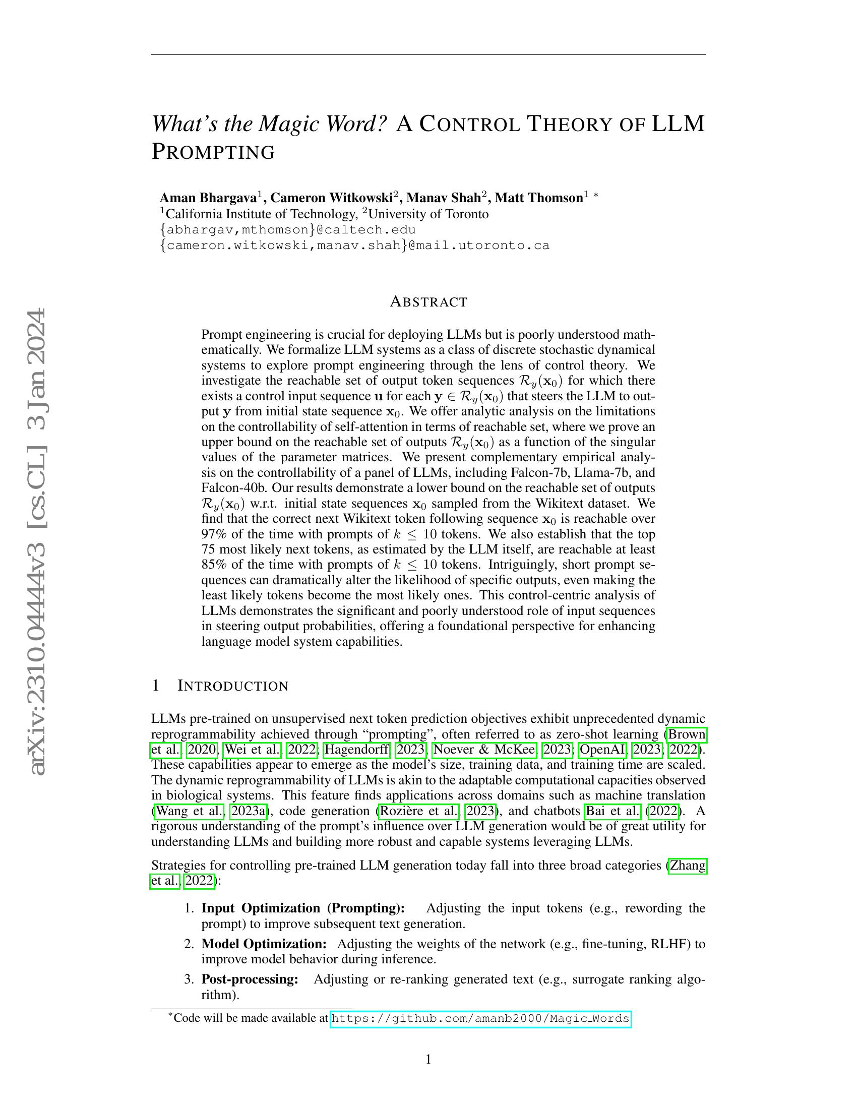 What's the Magic Word? A Control Theory of LLM Prompting - 智源社区论文