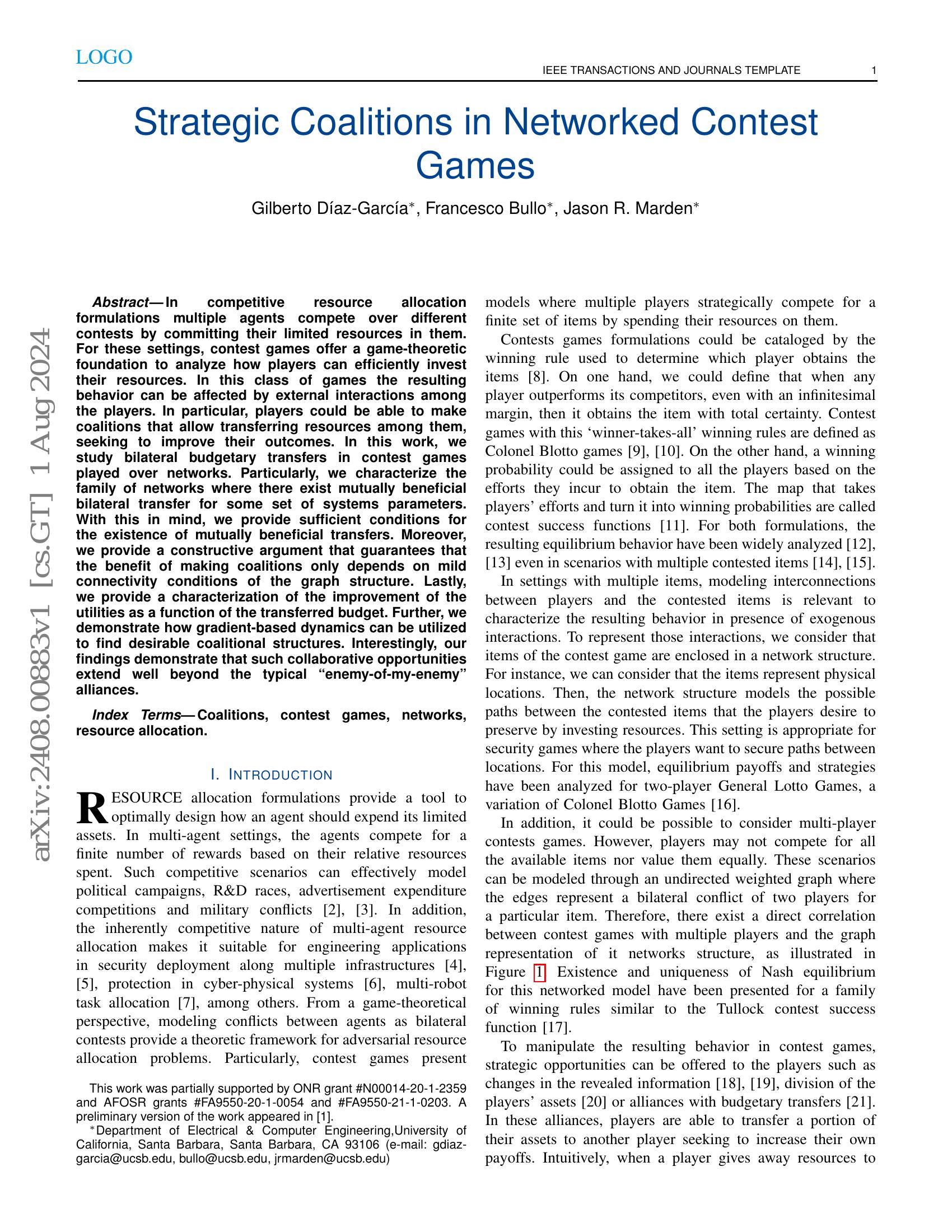 Strategic Coalitions in Networked Contest Games - 智源社区论文