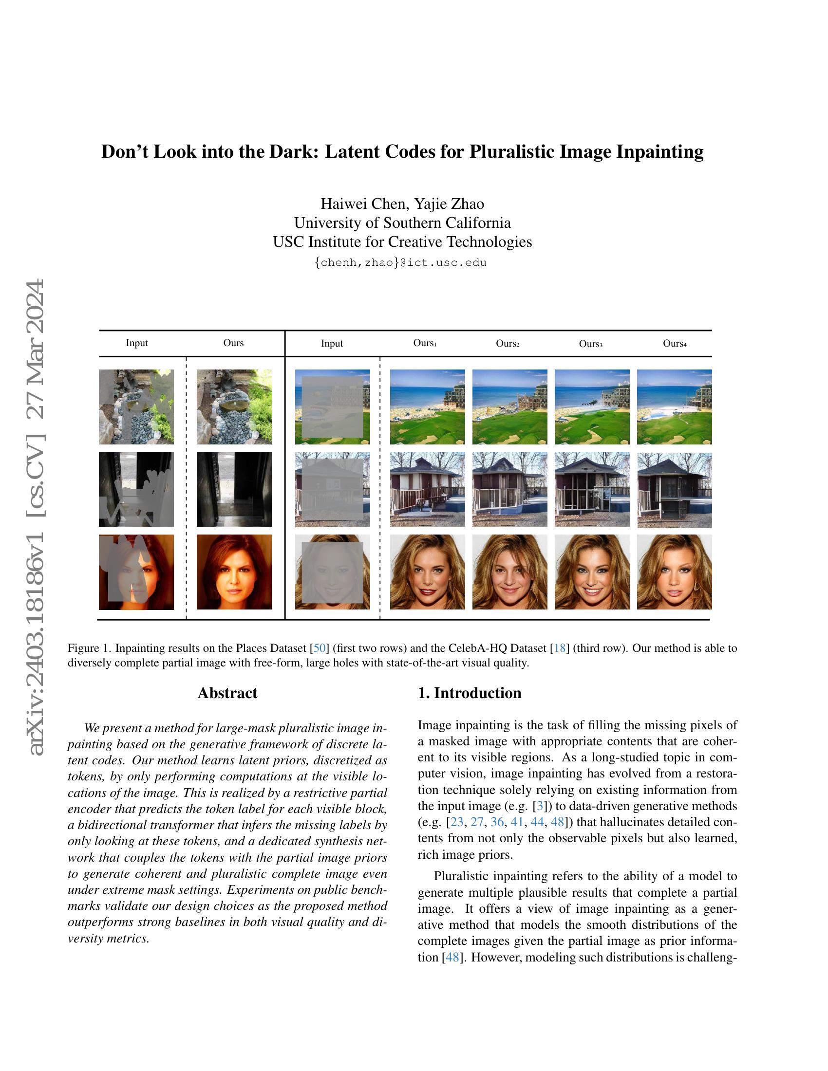 Don't Look into the Dark: Latent Codes for Pluralistic Image Inpainting ...
