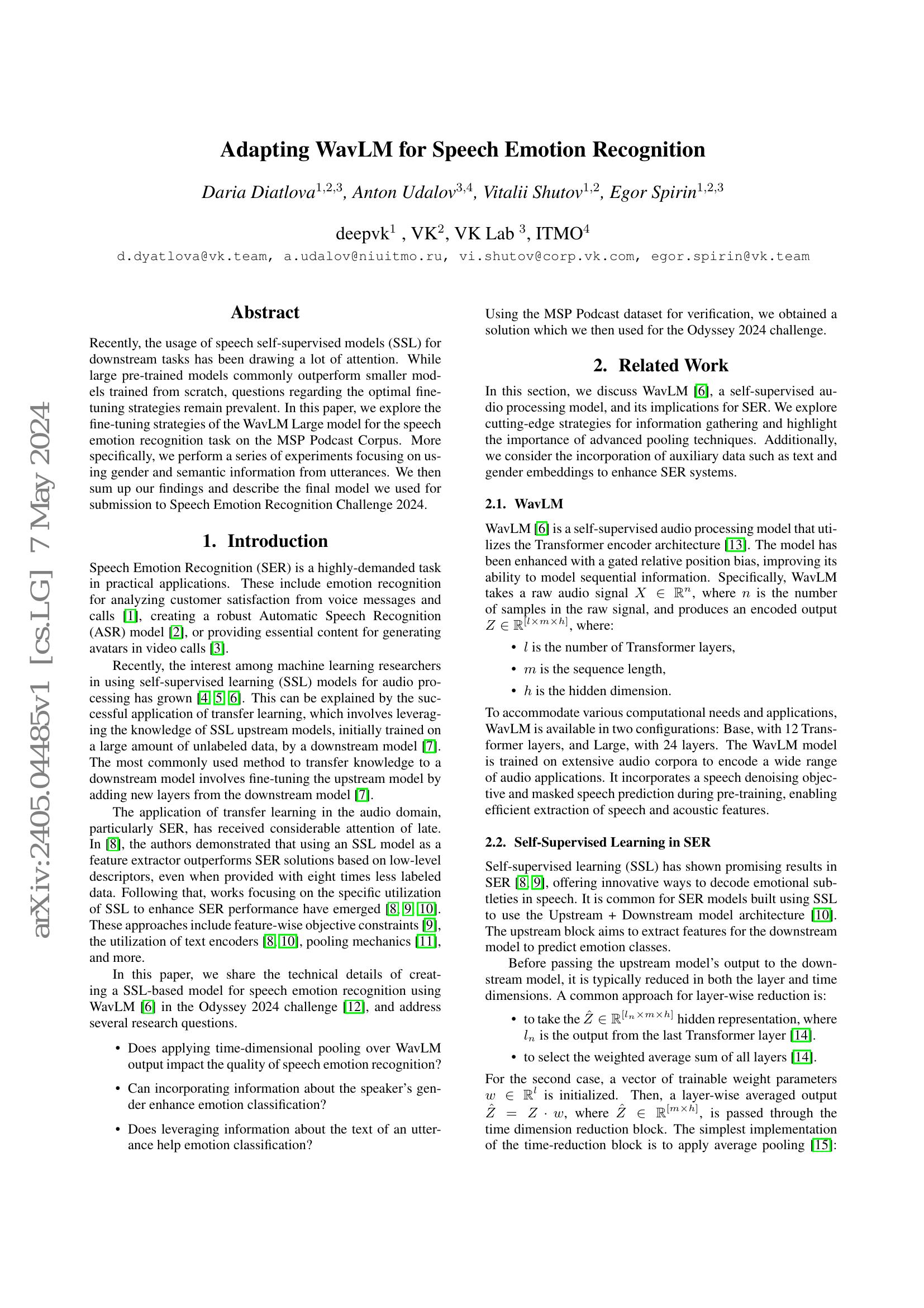 Adapting WavLM for Speech Emotion Recognition - 智源社区论文