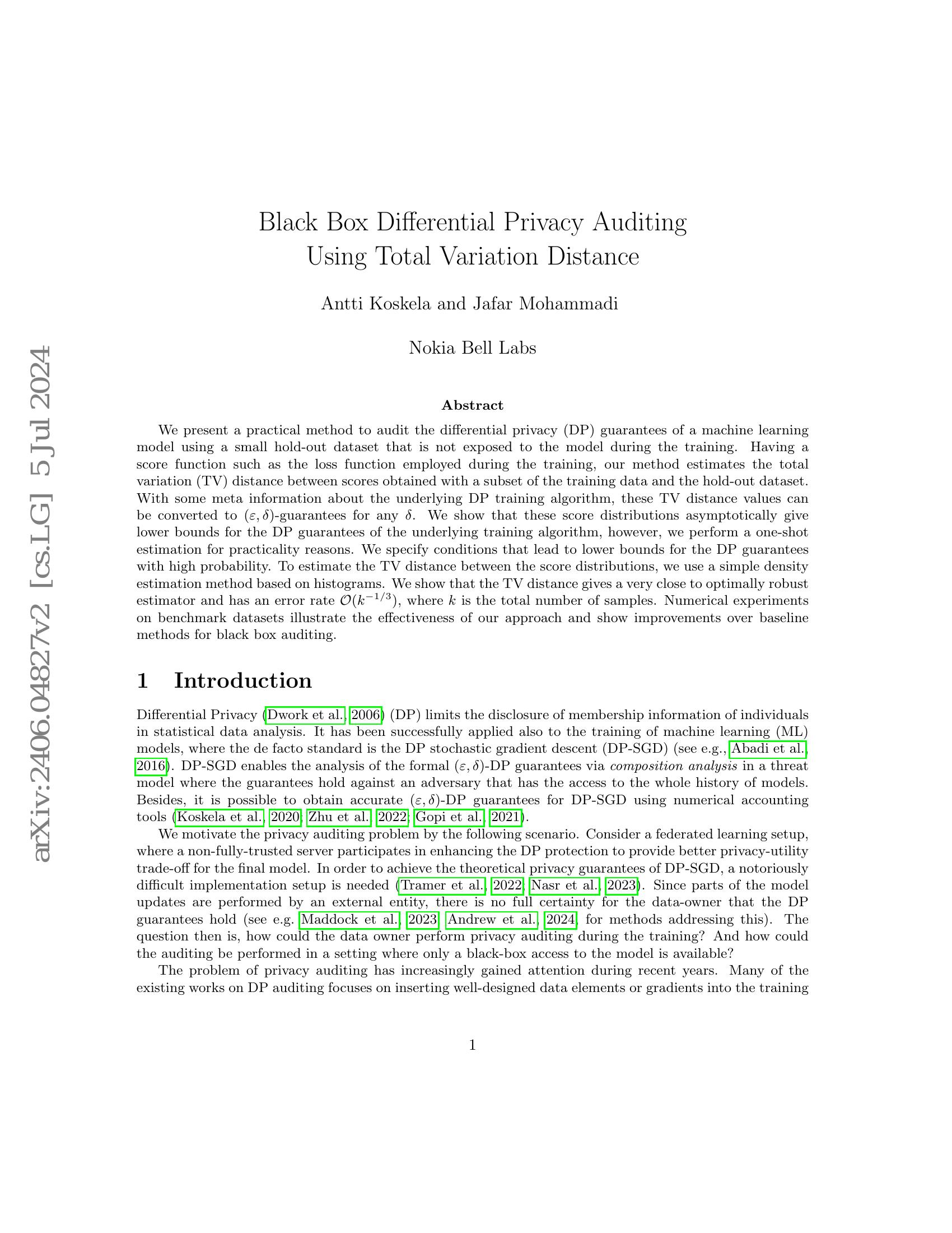 Black Box Differential Privacy Auditing Using Total Variation Distance ...