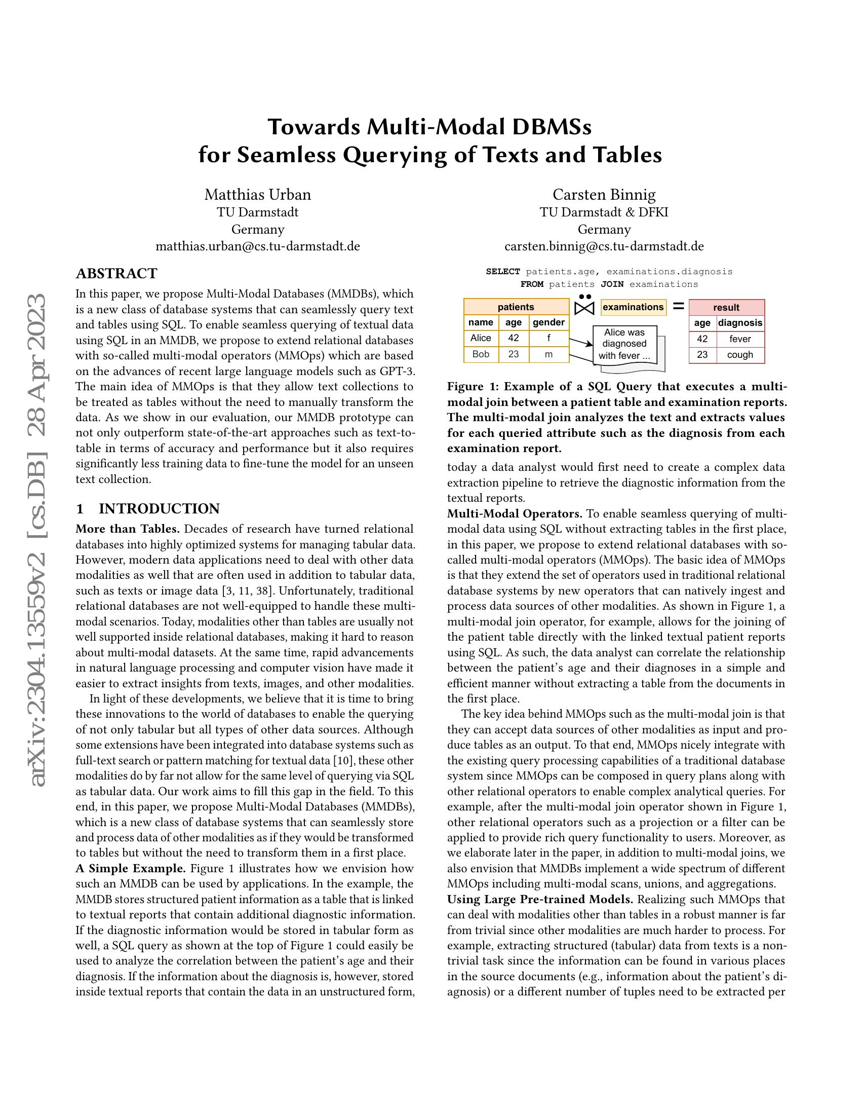 Towards Multi-Modal DBMSs for Seamless Querying of Texts and Tables - 智源社区论文