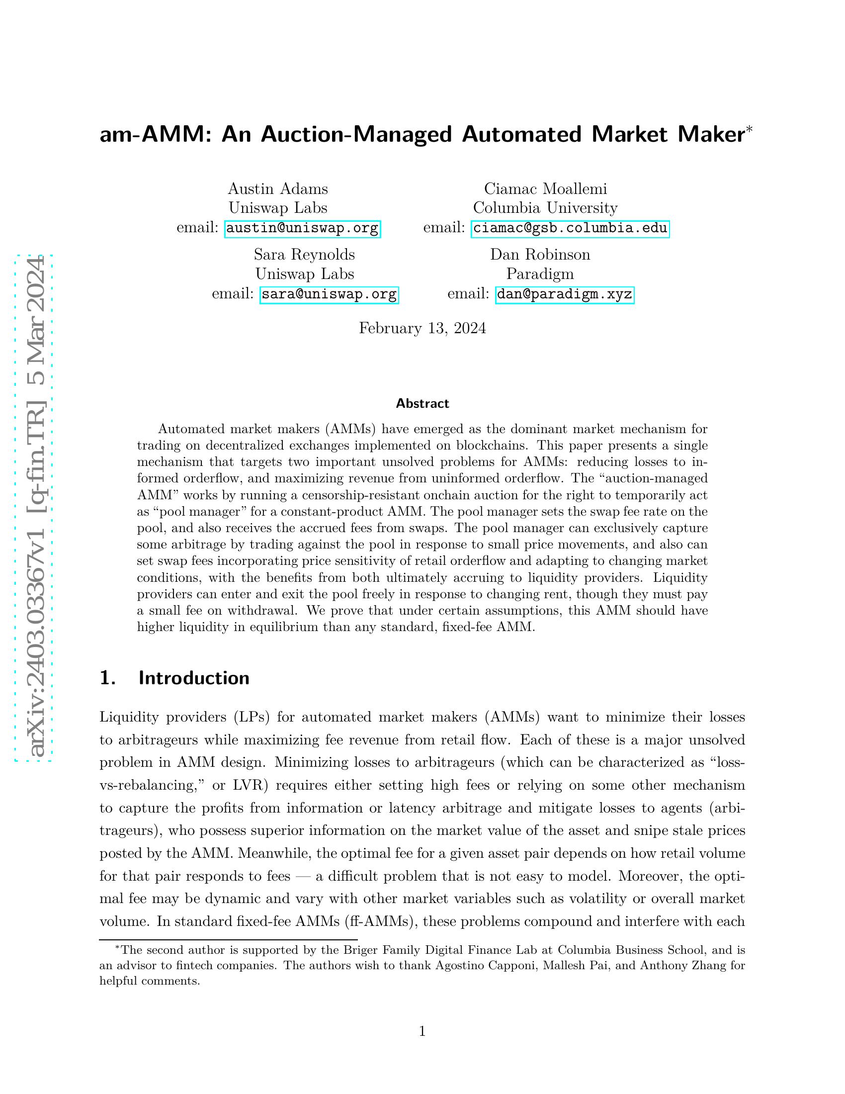 am-AMM: An Auction-Managed Automated Market Maker - 智源社区论文