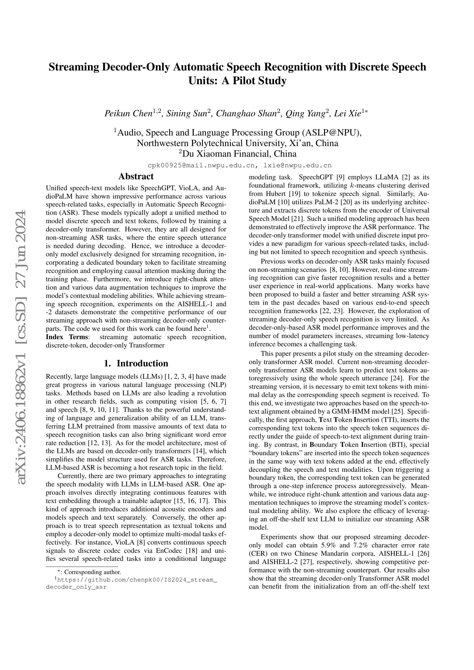 Streaming Decoder-Only Automatic Speech Recognition with Discrete ...