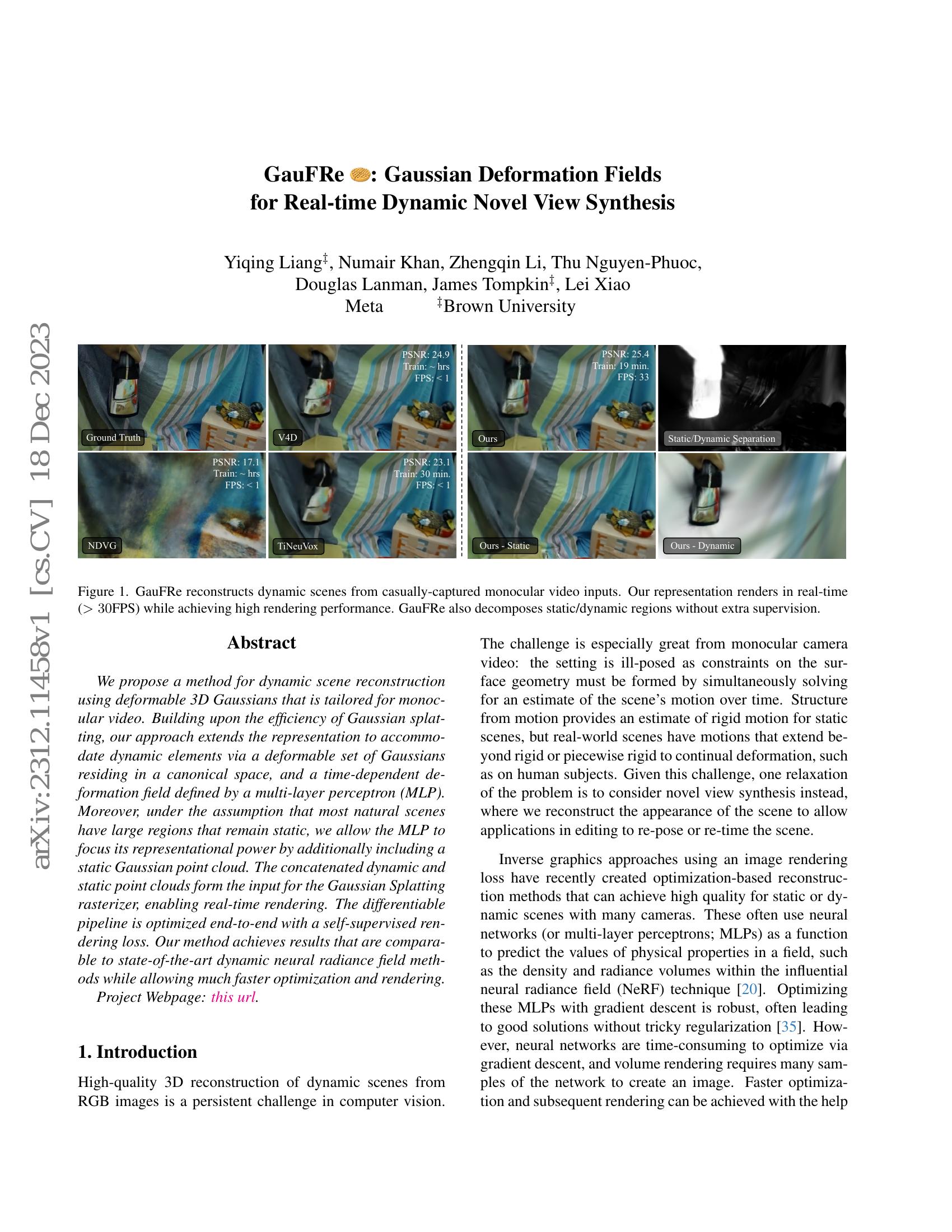GauFRe: Gaussian Deformation Fields for Real-time Dynamic Novel View ...
