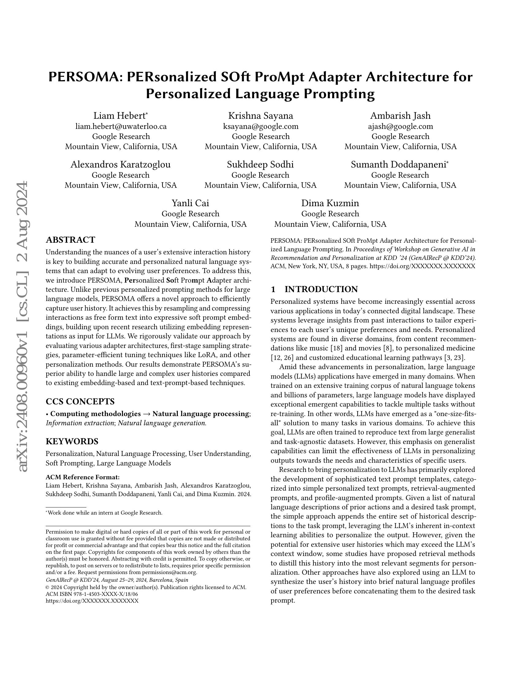 PERSOMA: PERsonalized SOft ProMpt Adapter Architecture for Personalized ...