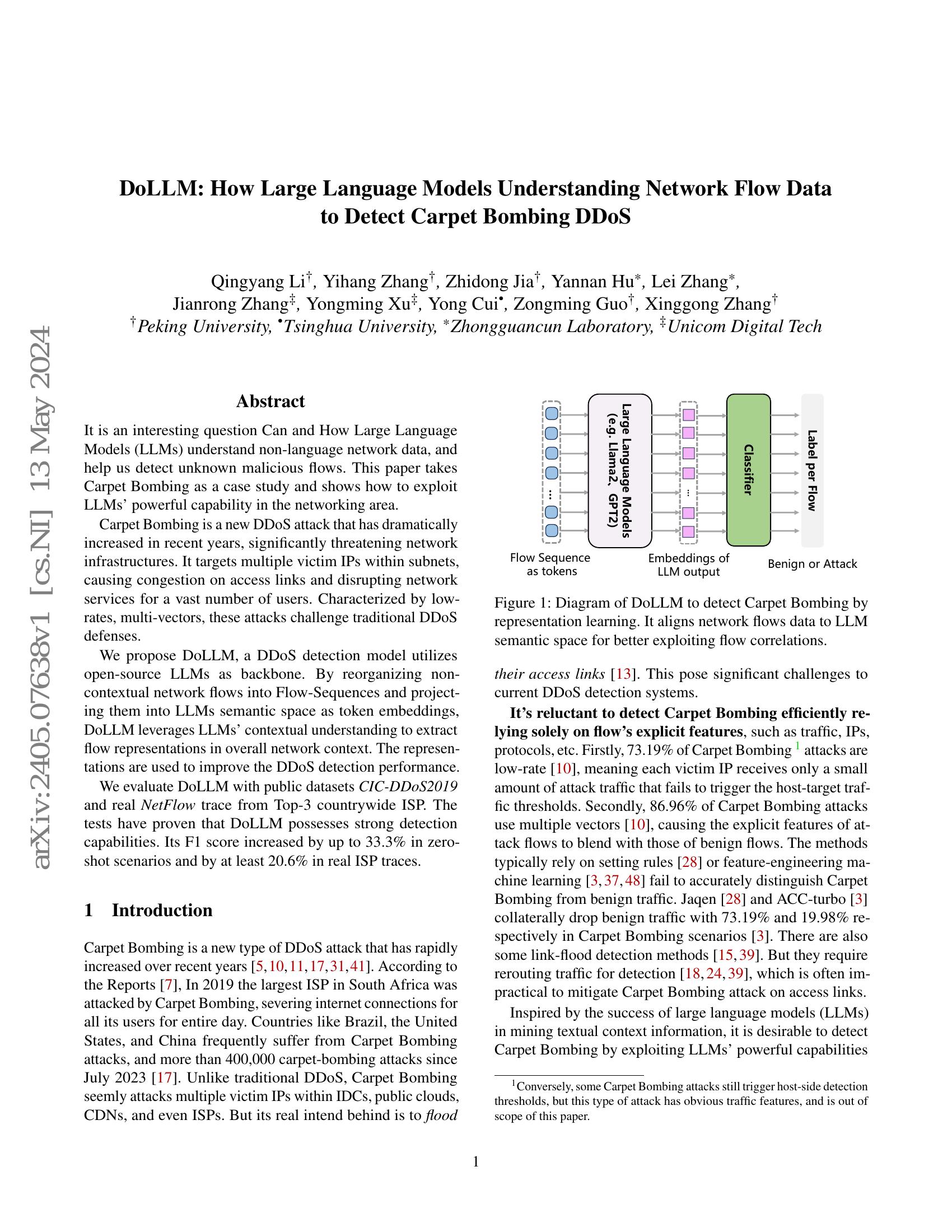 DoLLM: How Large Language Models Understanding Network Flow Data to Detect Carpet Bombing DDoS ...