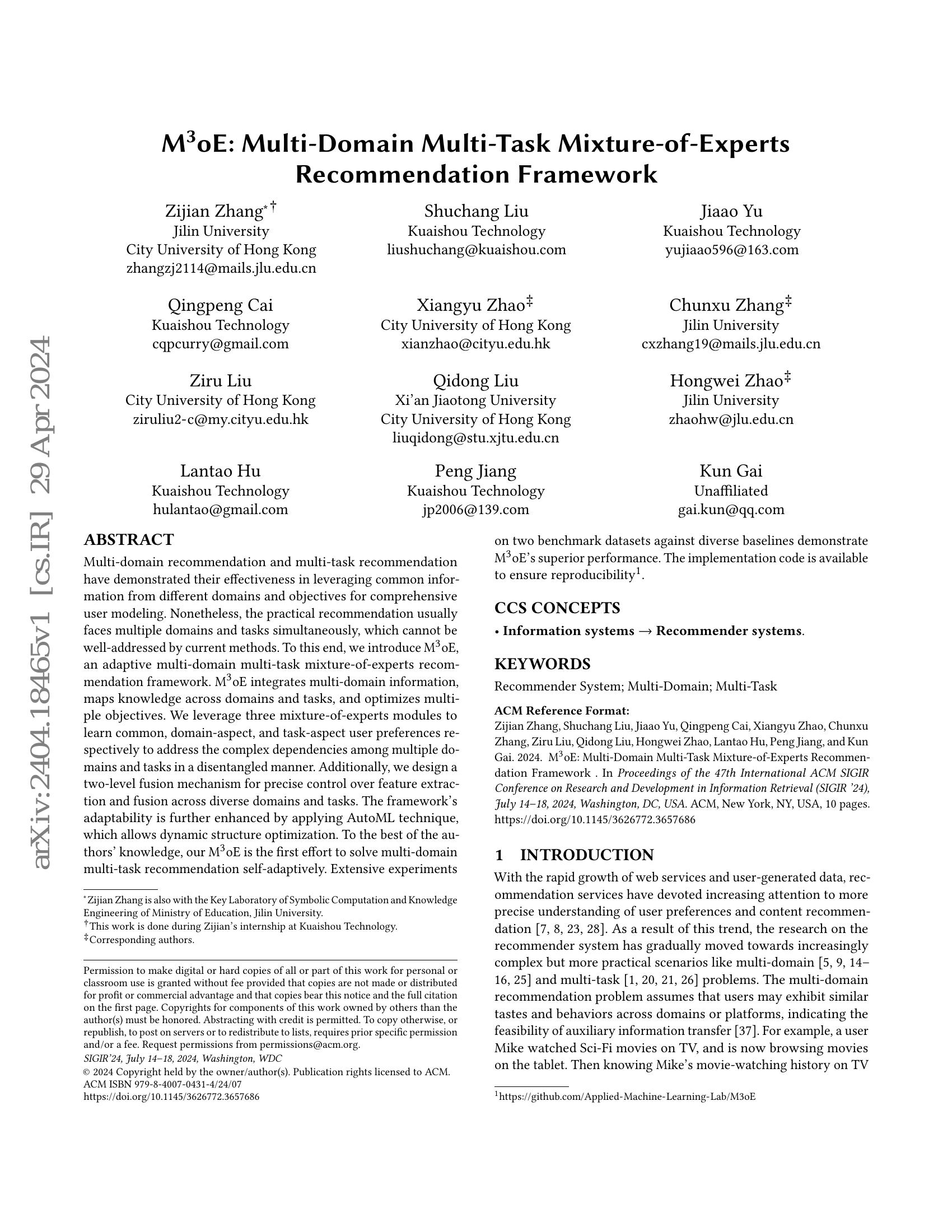 M3oE: Multi-Domain Multi-Task Mixture-of Experts Recommendation Framework - 智源社区论文