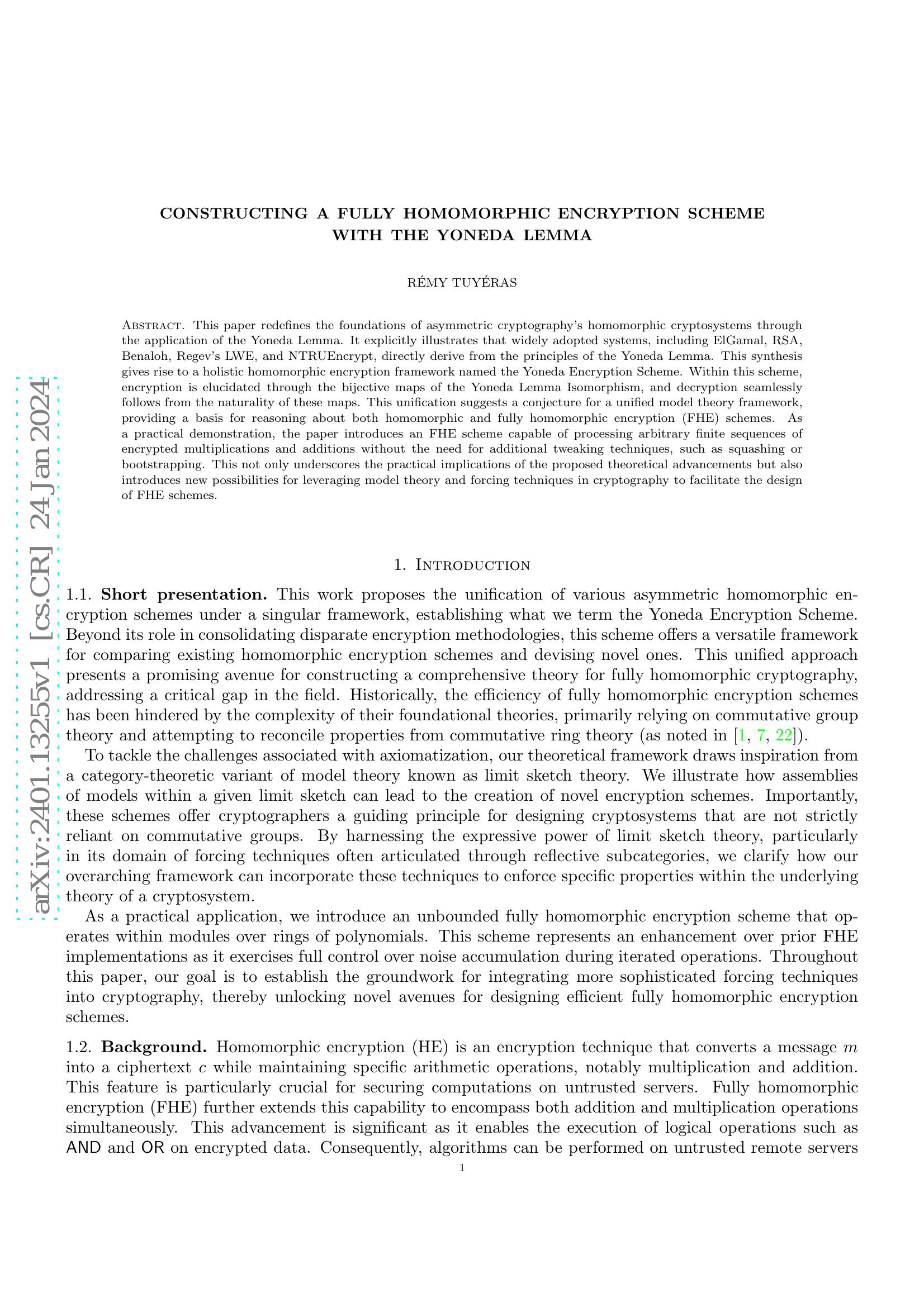 Constructing a fully homomorphic encryption scheme with the Yoneda ...
