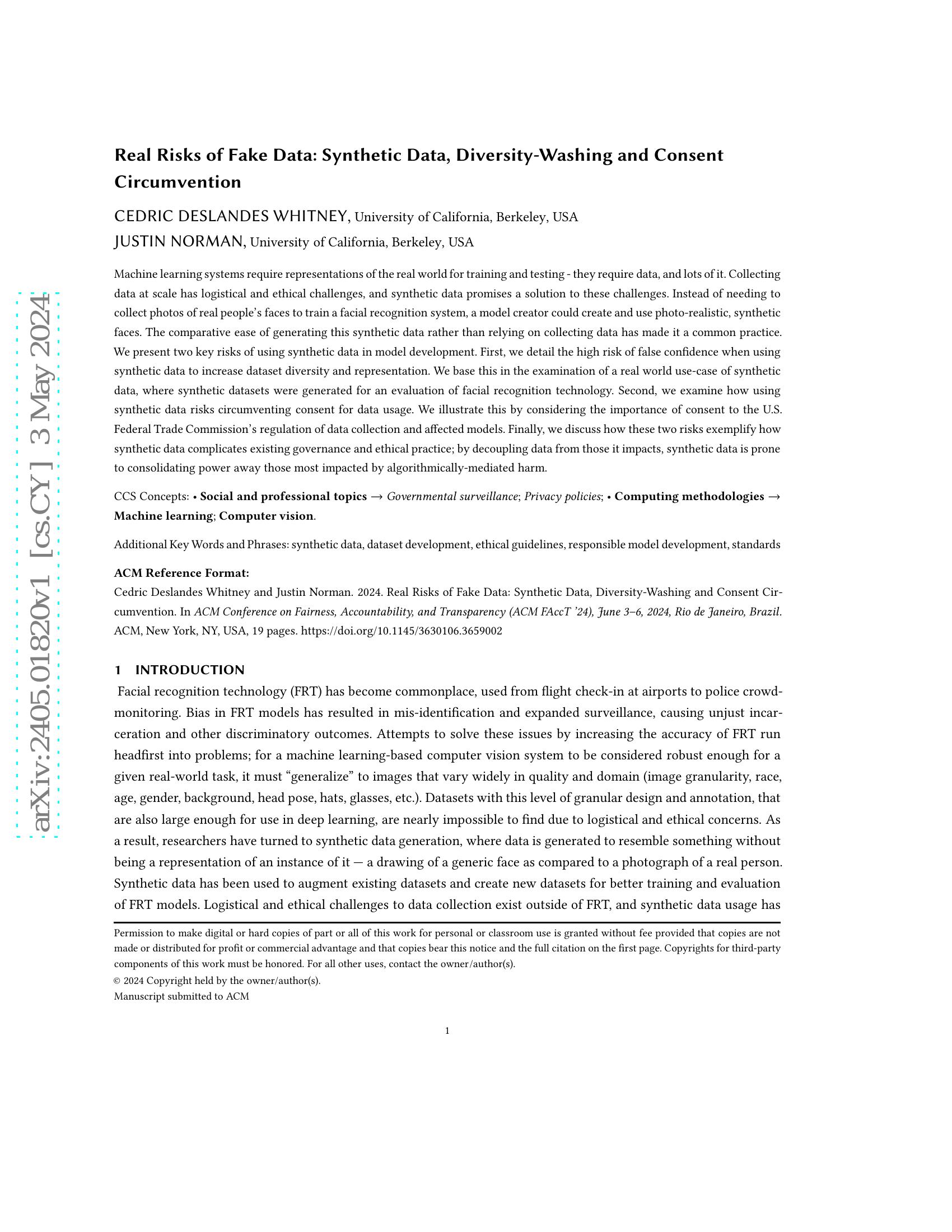 Real Risks of Fake Data: Synthetic Data, Diversity-Washing and Consent ...