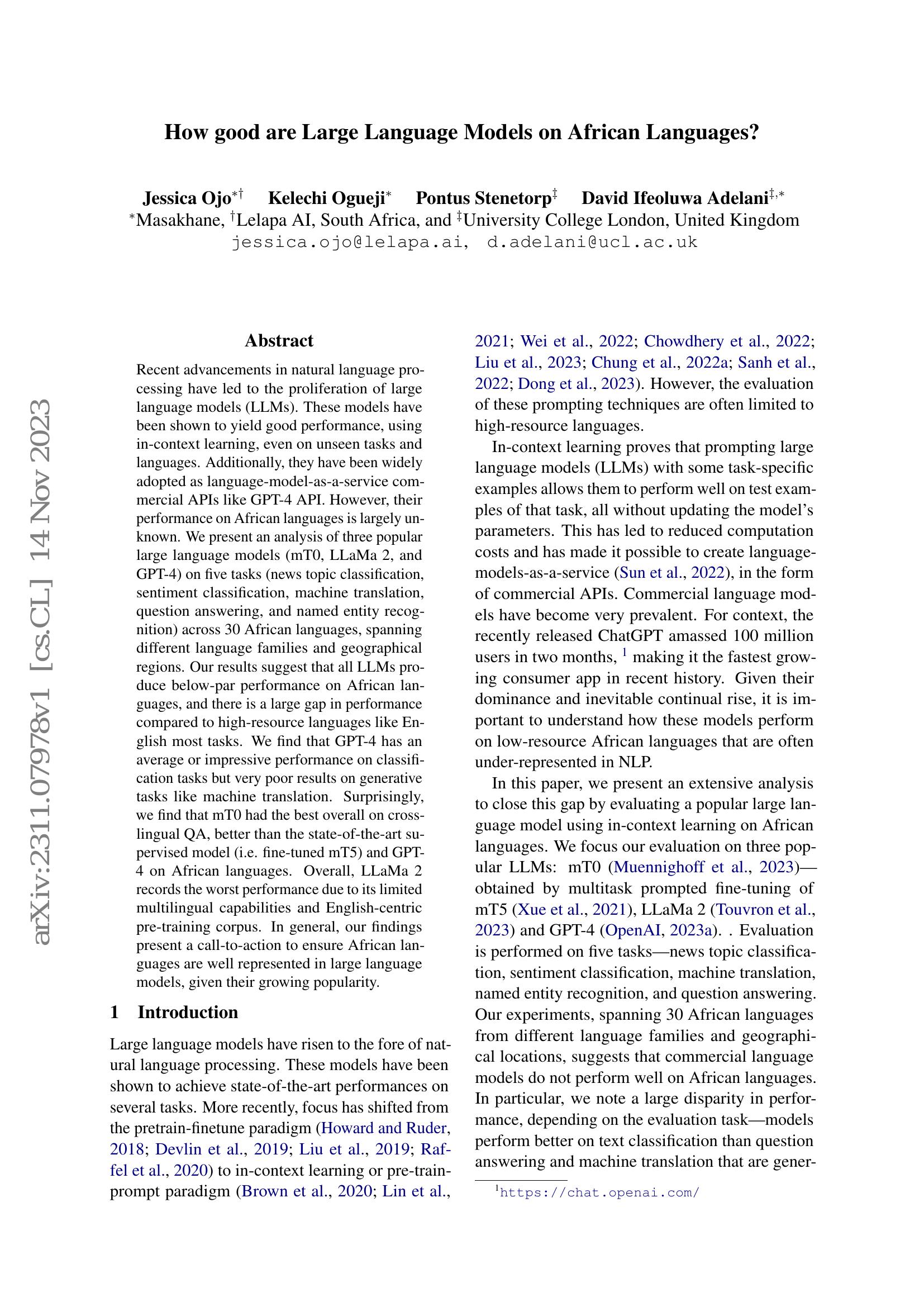 How good are Large Language Models on African Languages? - 智源社区论文