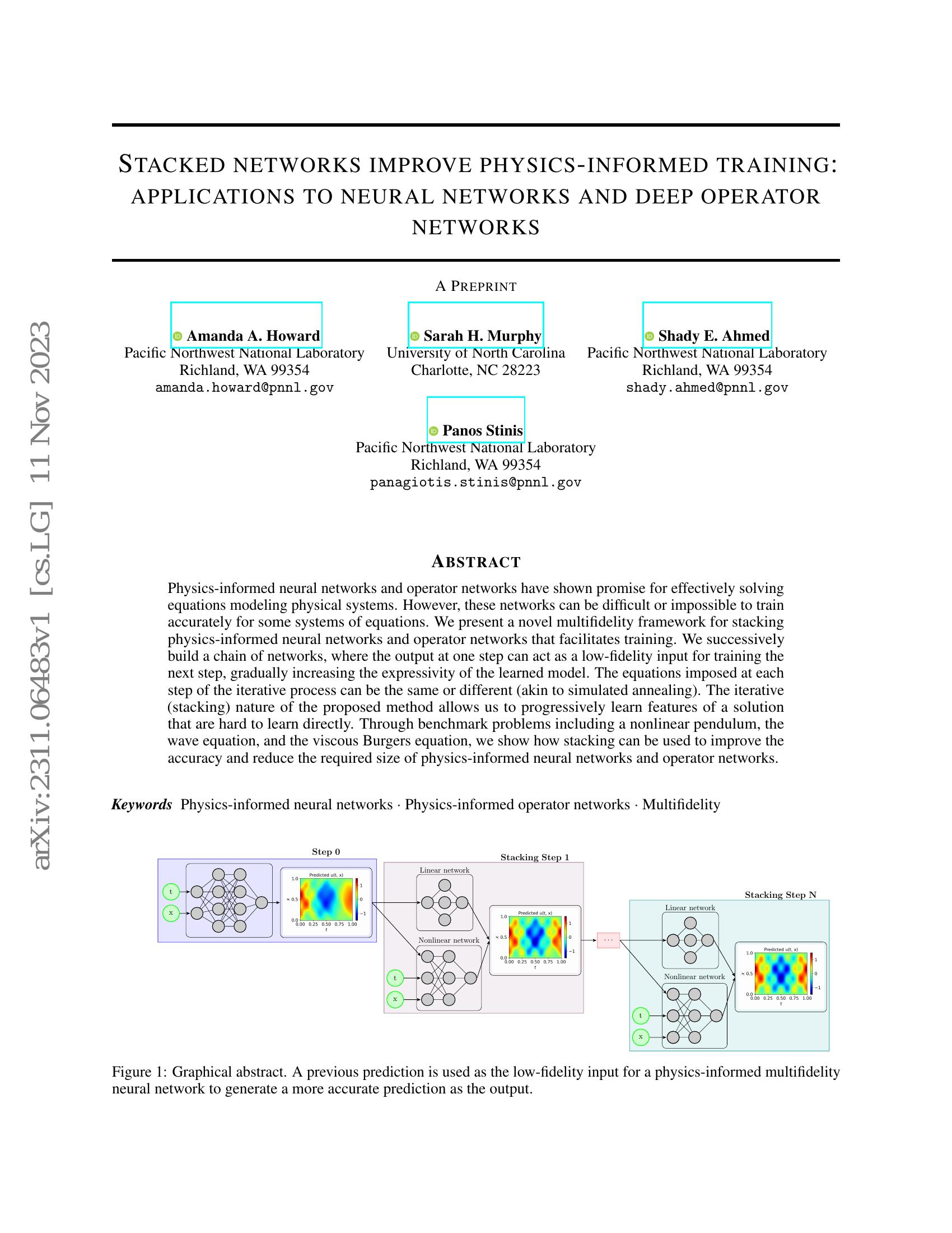 Stacked networks improve physics-informed training: applications to neural networks and deep ...