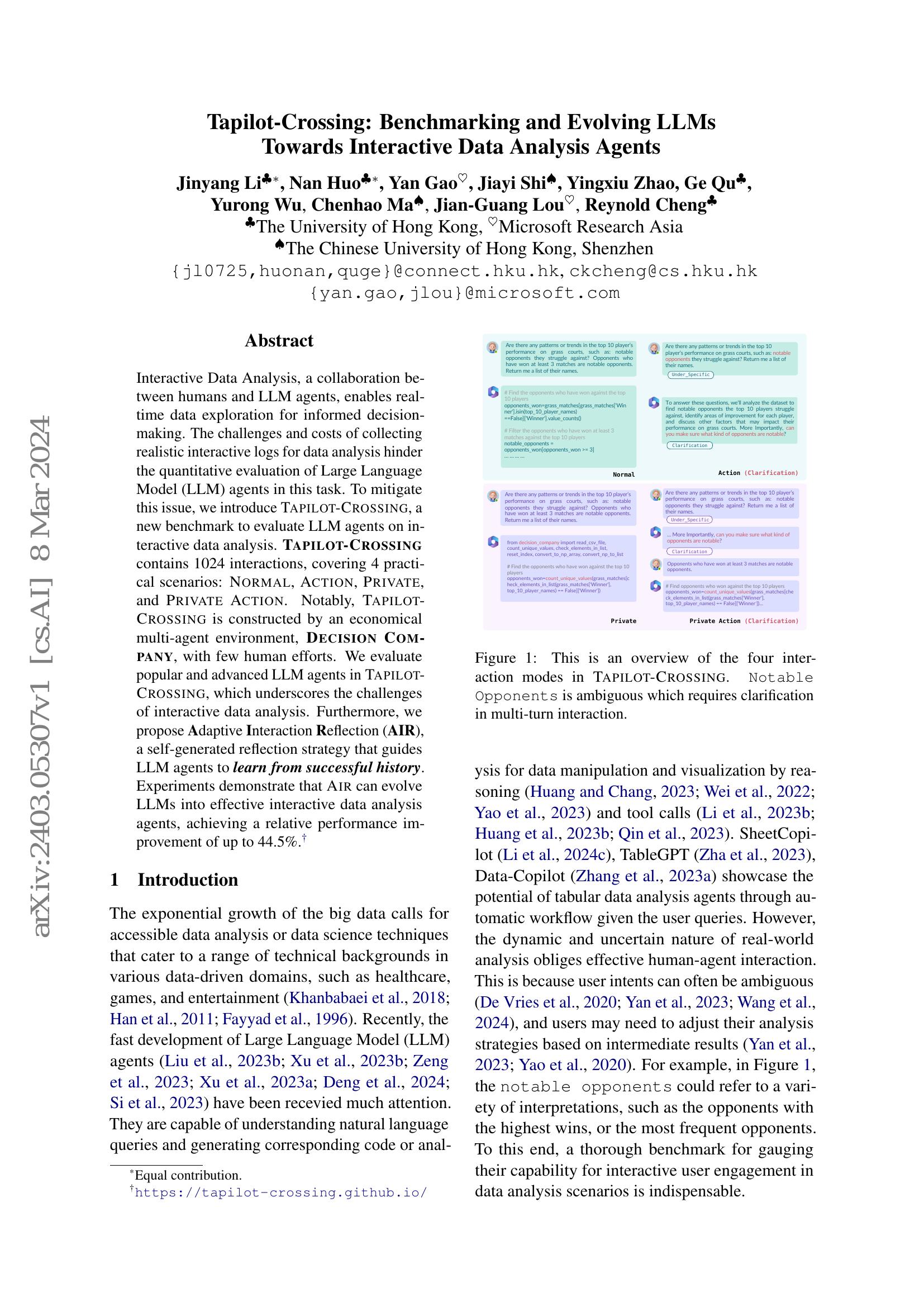 Tapilot-Crossing: Benchmarking and Evolving LLMs Towards Interactive Data Analysis Agents - 智源社区论文