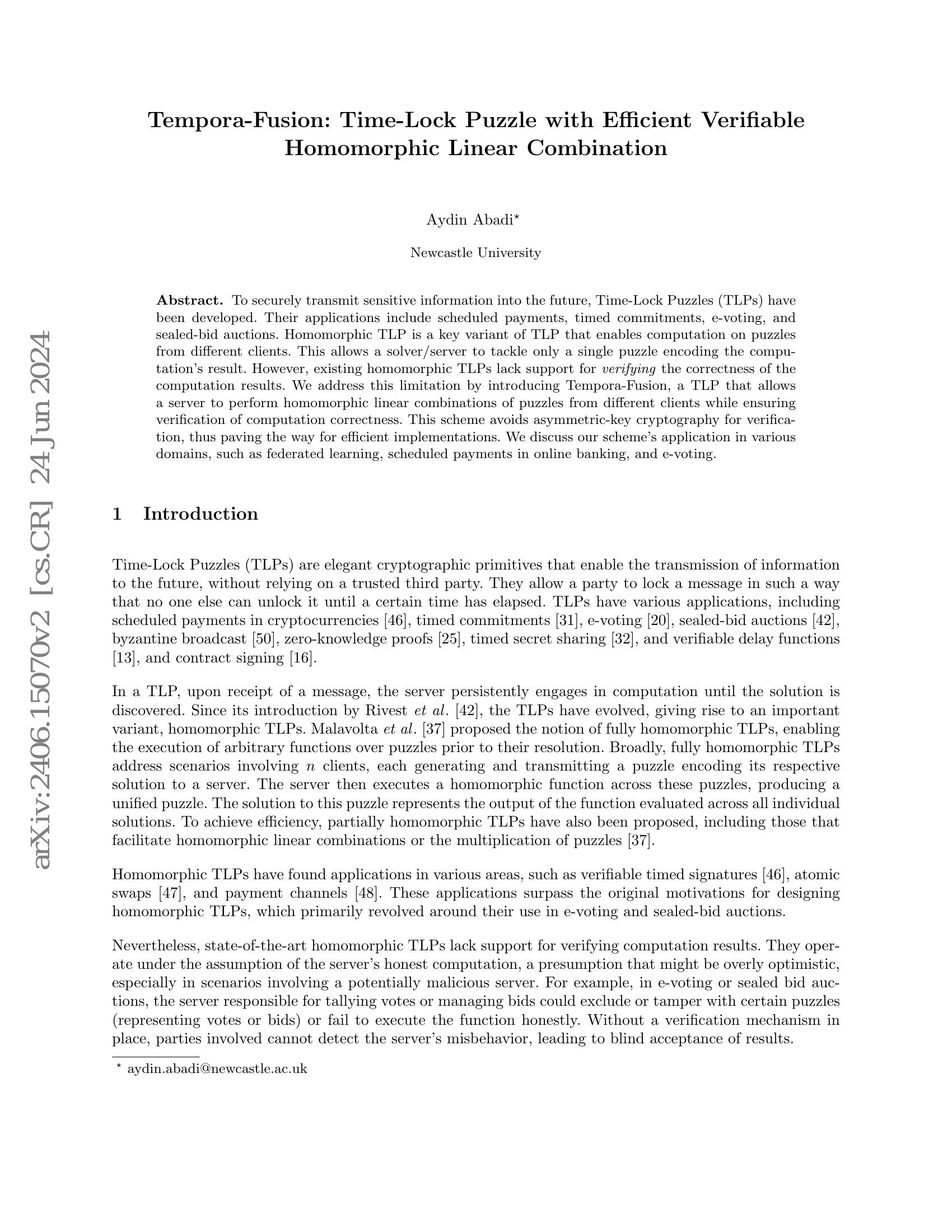 Tempora-Fusion: Time-Lock Puzzle with Efficient Verifiable Homomorphic ...