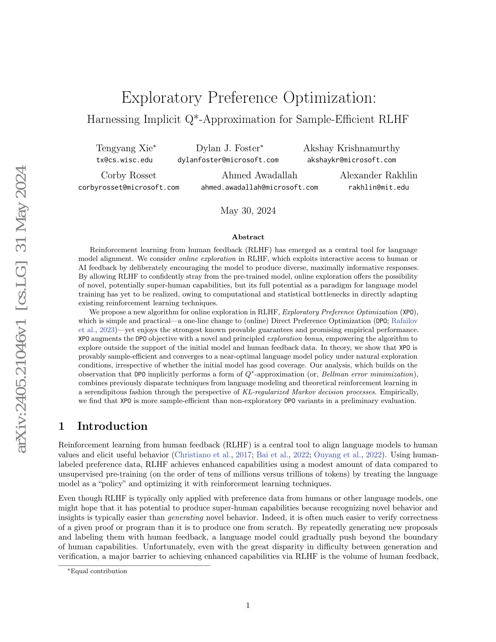Exploratory Preference Optimization: Harnessing Implicit Q*-Approximation for Sample-Efficient ...
