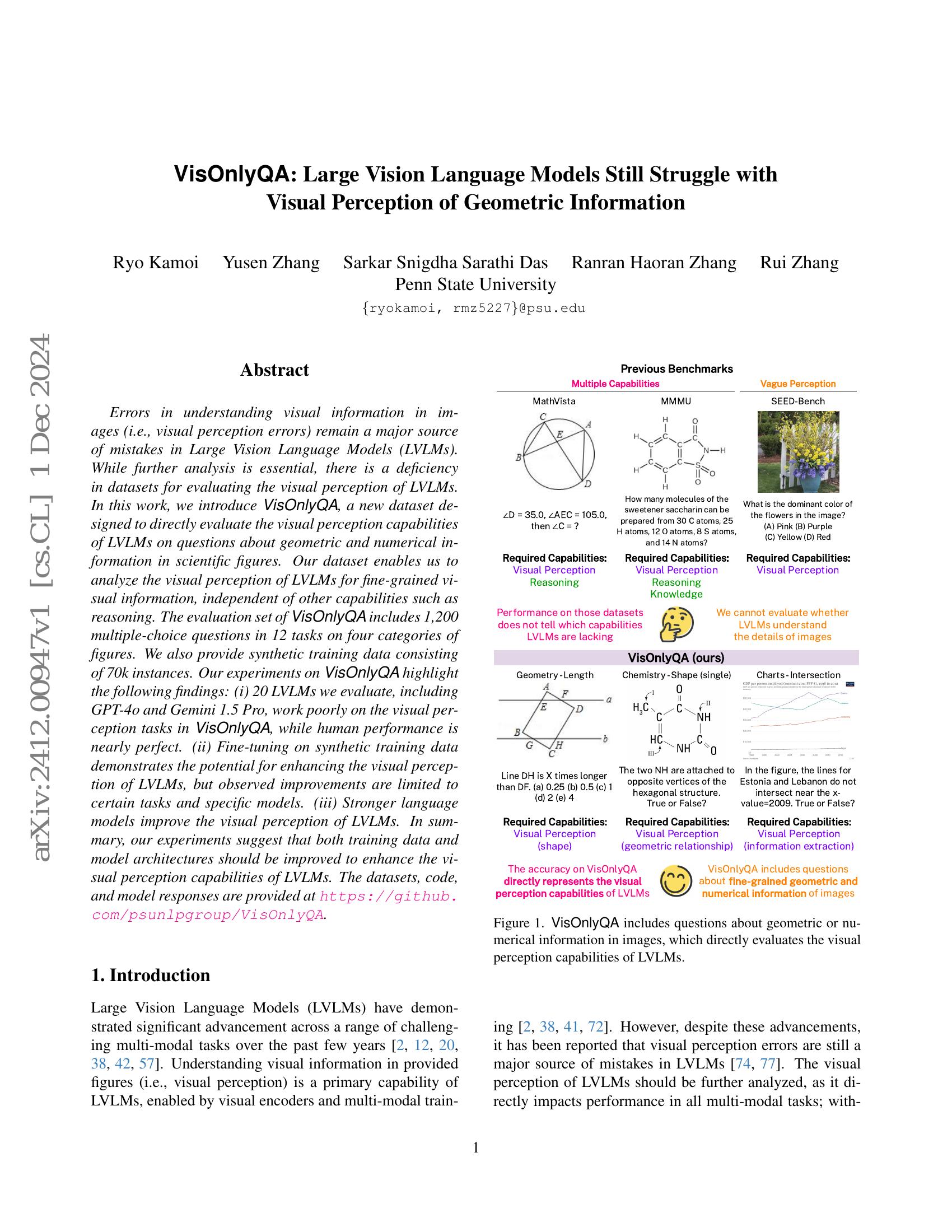 VisOnlyQA: Large Vision Language Models Still Struggle with Visual Perception of Geometric ...