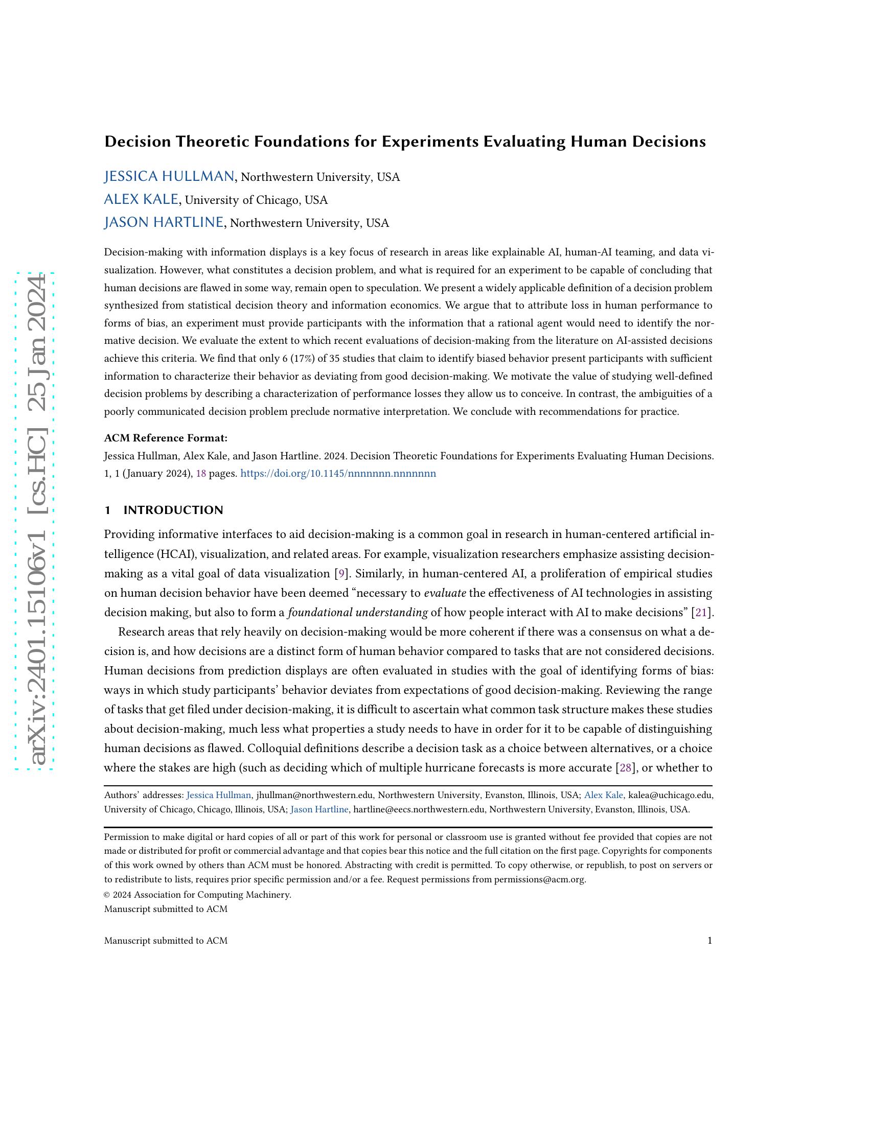 Decision Theoretic Foundations for Experiments Evaluating Human ...