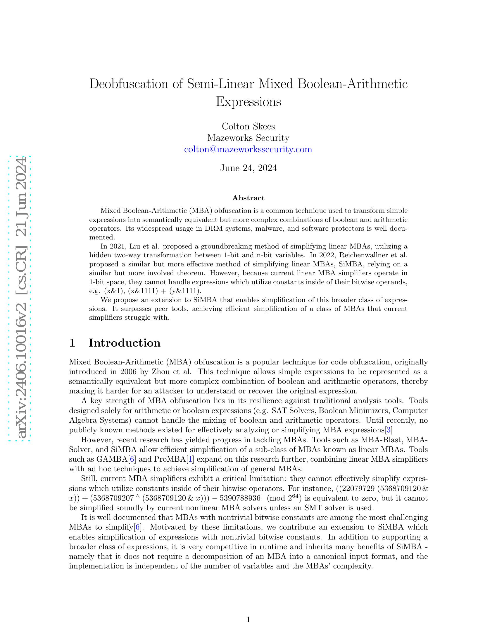 Deobfuscation of Semi-Linear Mixed Boolean-Arithmetic Expressions - 智源社区论文