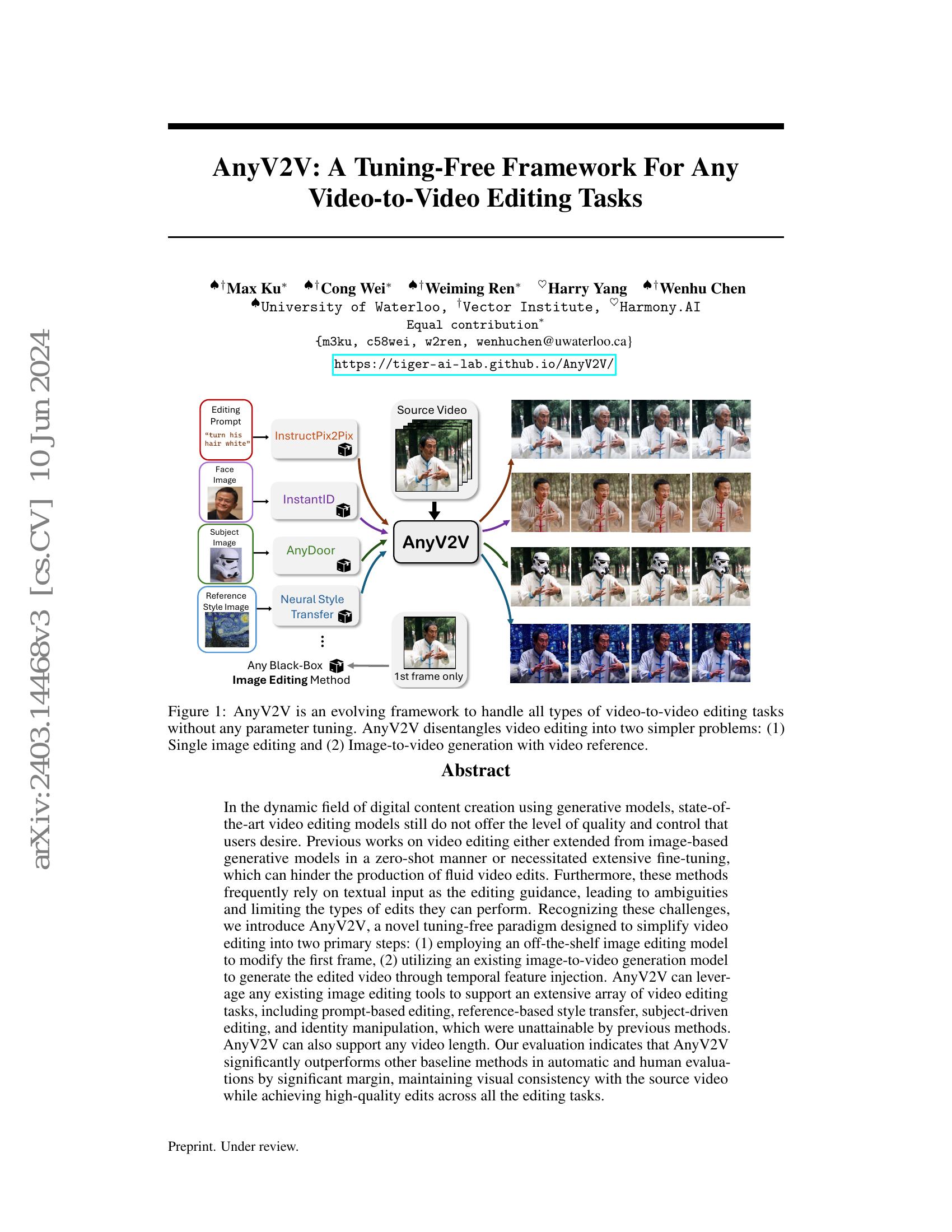 AnyV2V: A Tuning-Free Framework For Any Video-to-Video Editing Tasks - 智源社区论文