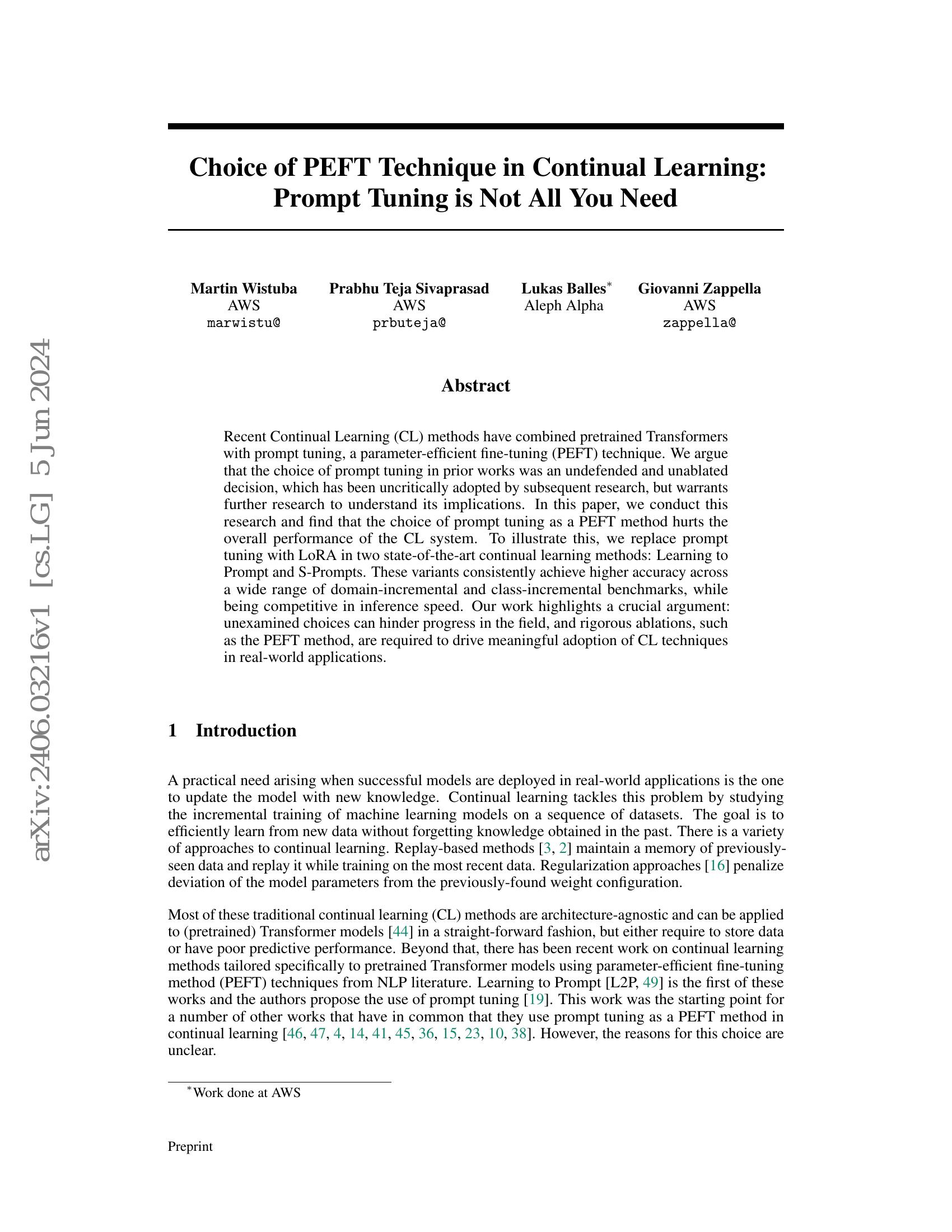 Choice of PEFT Technique in Continual Learning: Prompt Tuning is Not ...