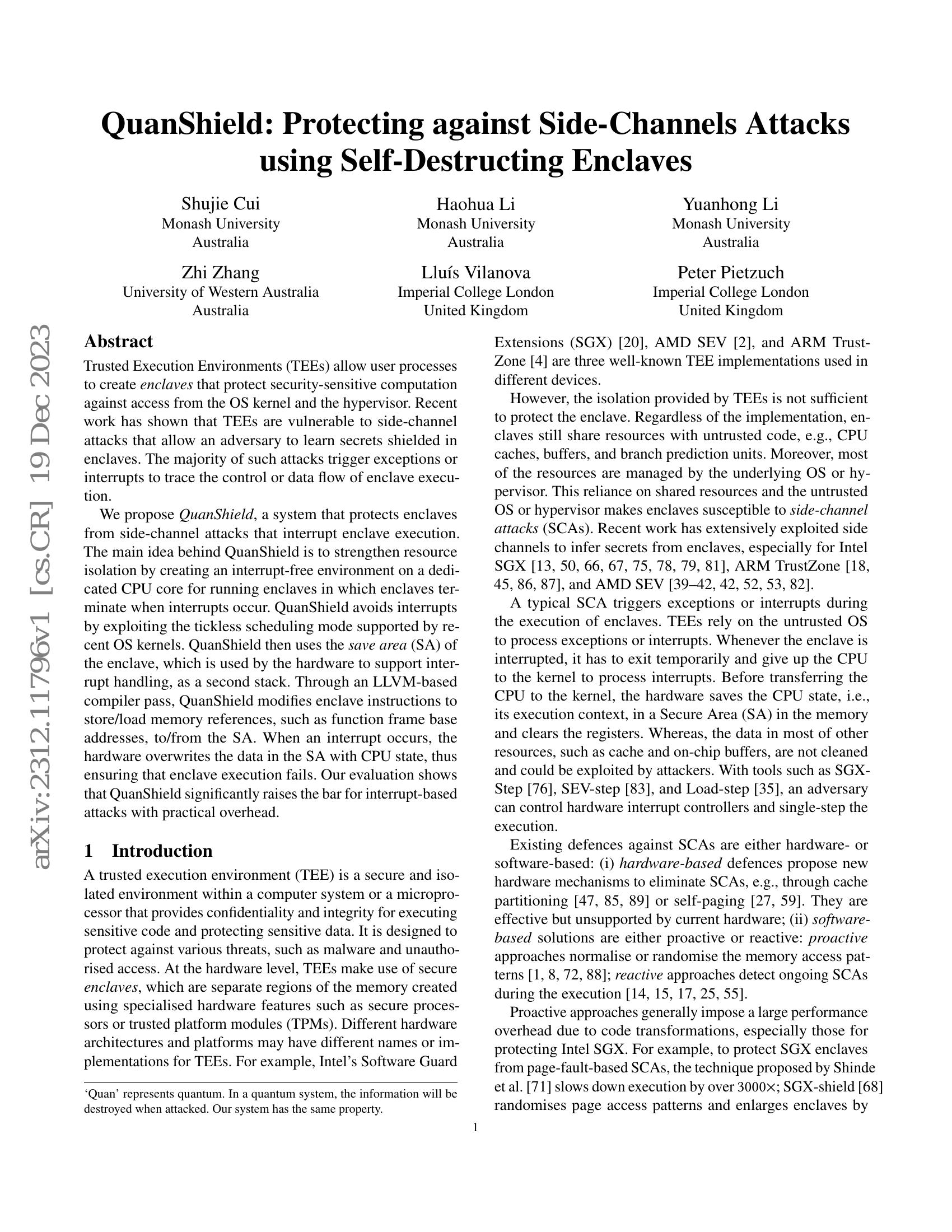 QuanShield: Protecting against Side-Channels Attacks using Self ...