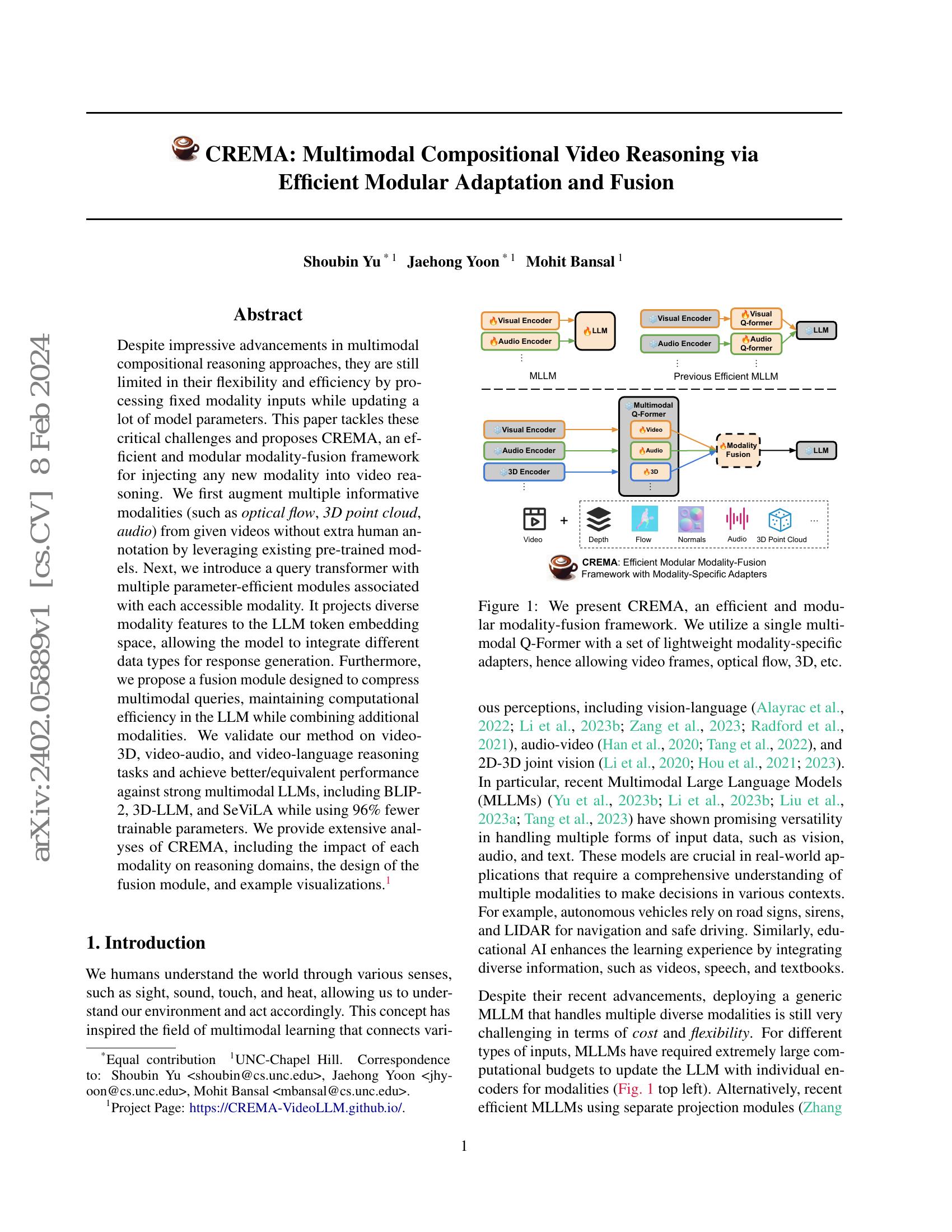 CREMA: Multimodal Compositional Video Reasoning via Efficient Modular Adaptation and Fusion - 智源社区论文