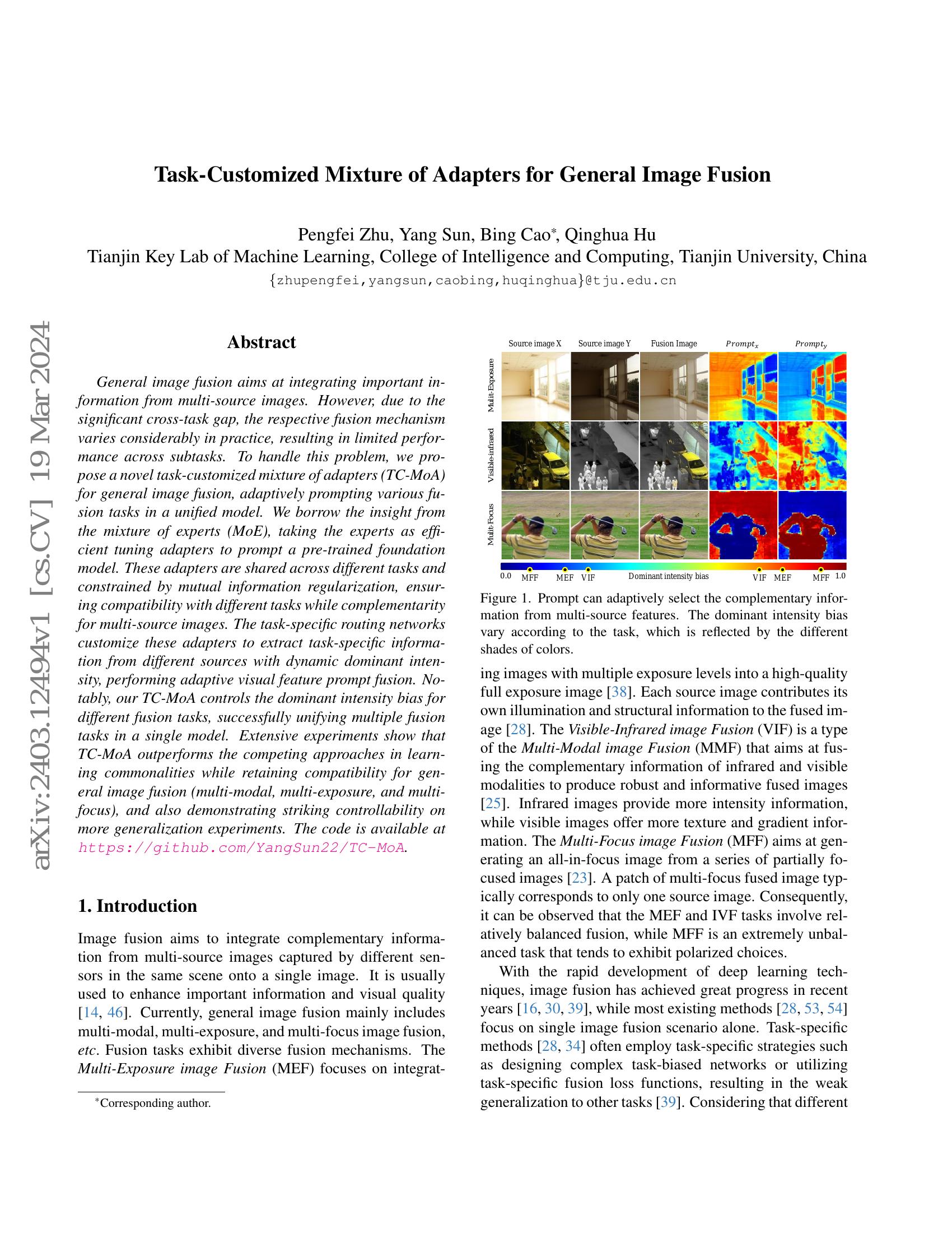 Task-Customized Mixture of Adapters for General Image Fusion - 智源社区论文