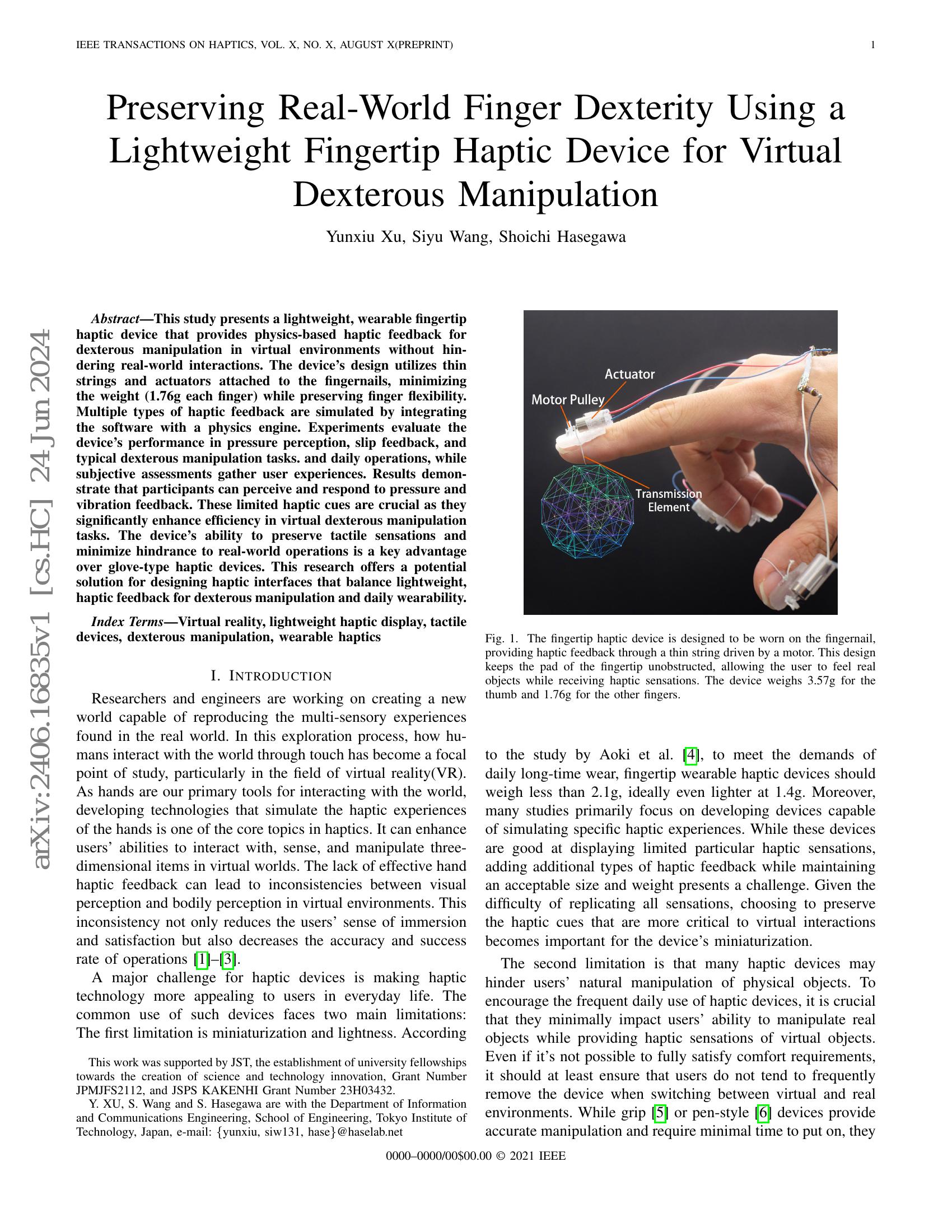 Preserving Real-World Finger Dexterity Using a Lightweight Fingertip ...