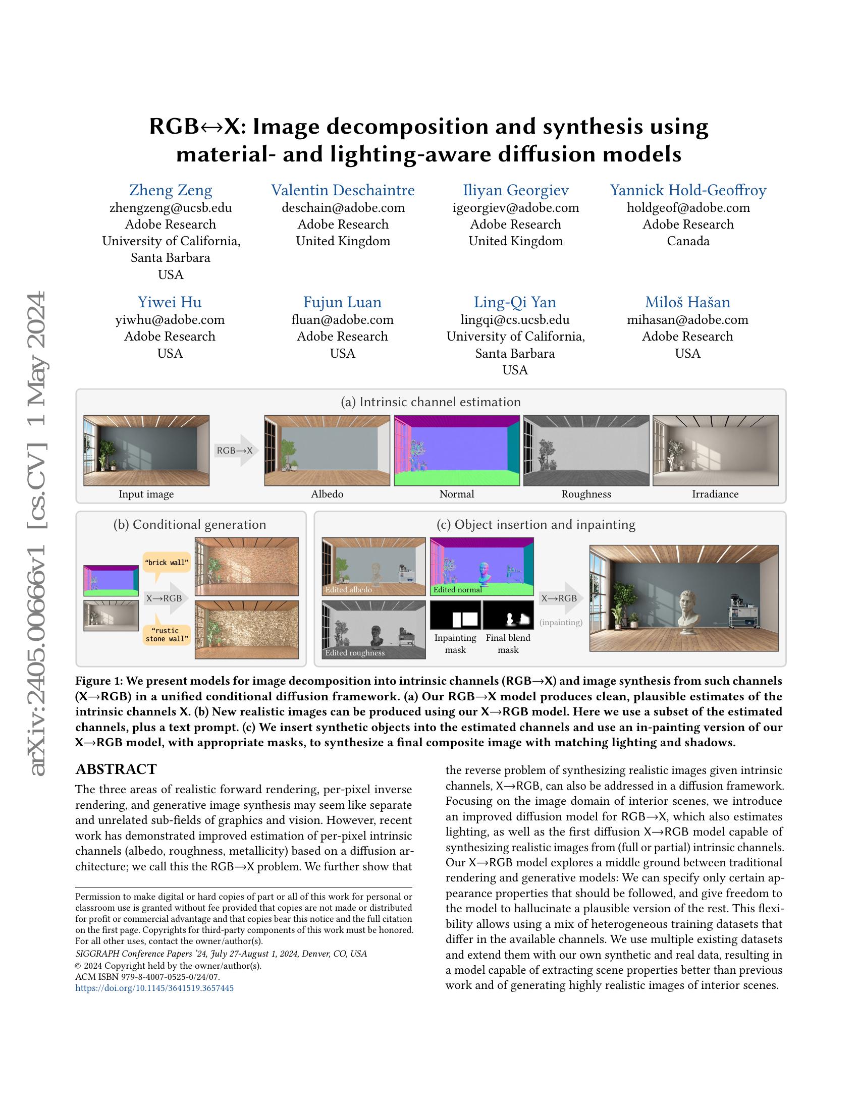 RGB$\leftrightarrow$X: Image decomposition and synthesis using material ...