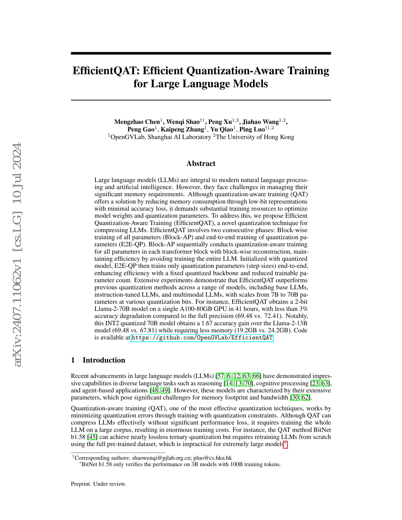 EfficientQAT: Efficient Quantization-Aware Training for Large Language Models - 智源社区论文