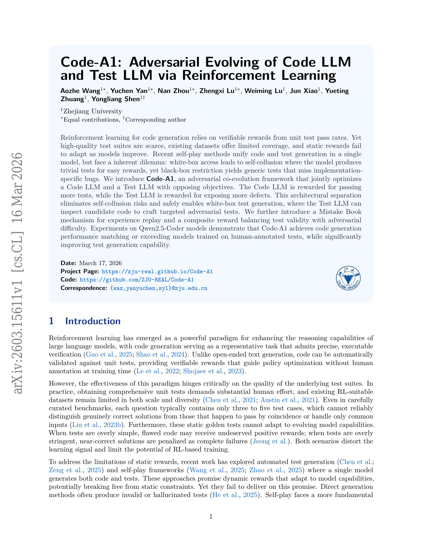 Code-A1: Adversarial Evolving of Code LLM and Test LLM via ...
