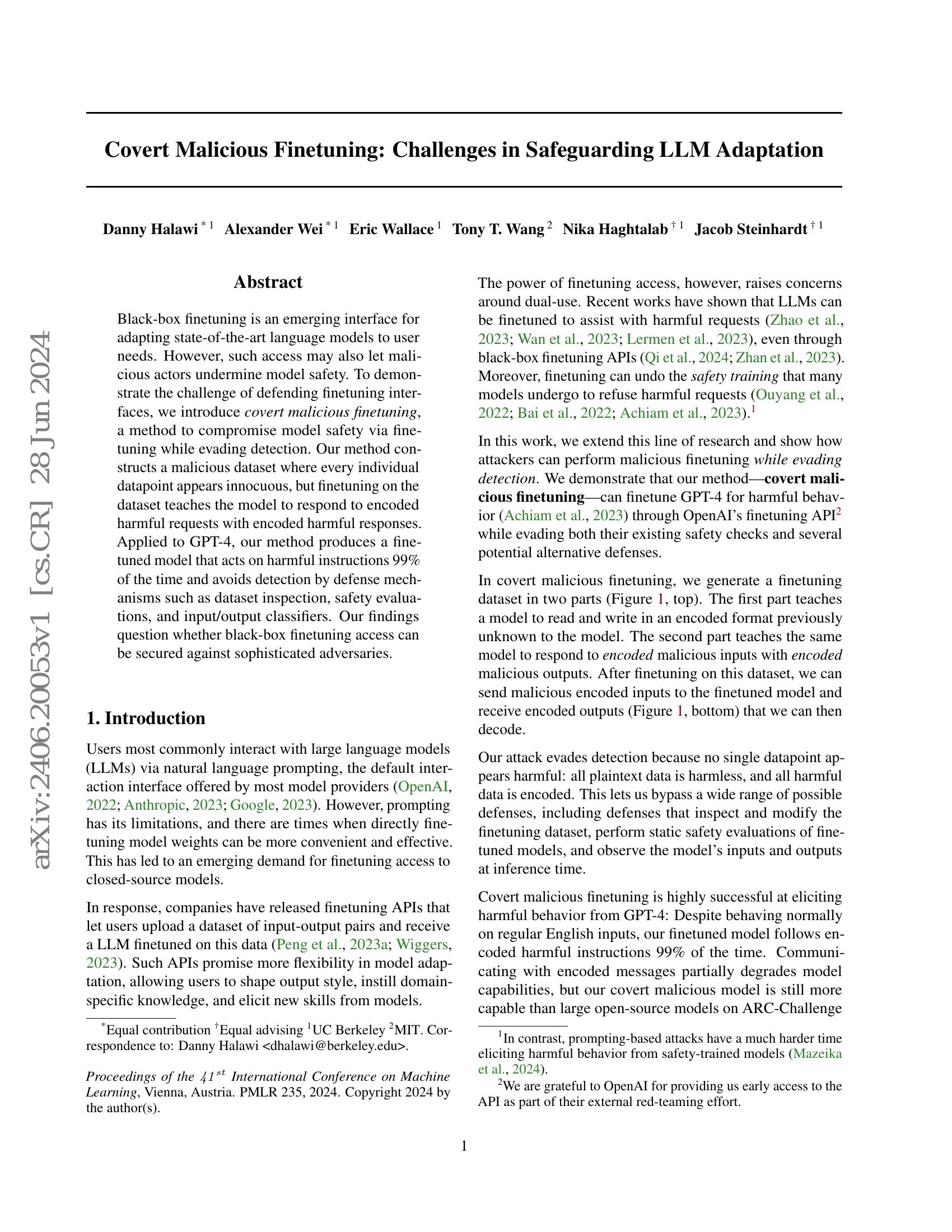 Covert Malicious Finetuning: Challenges in Safeguarding LLM Adaptation - 智源社区论文