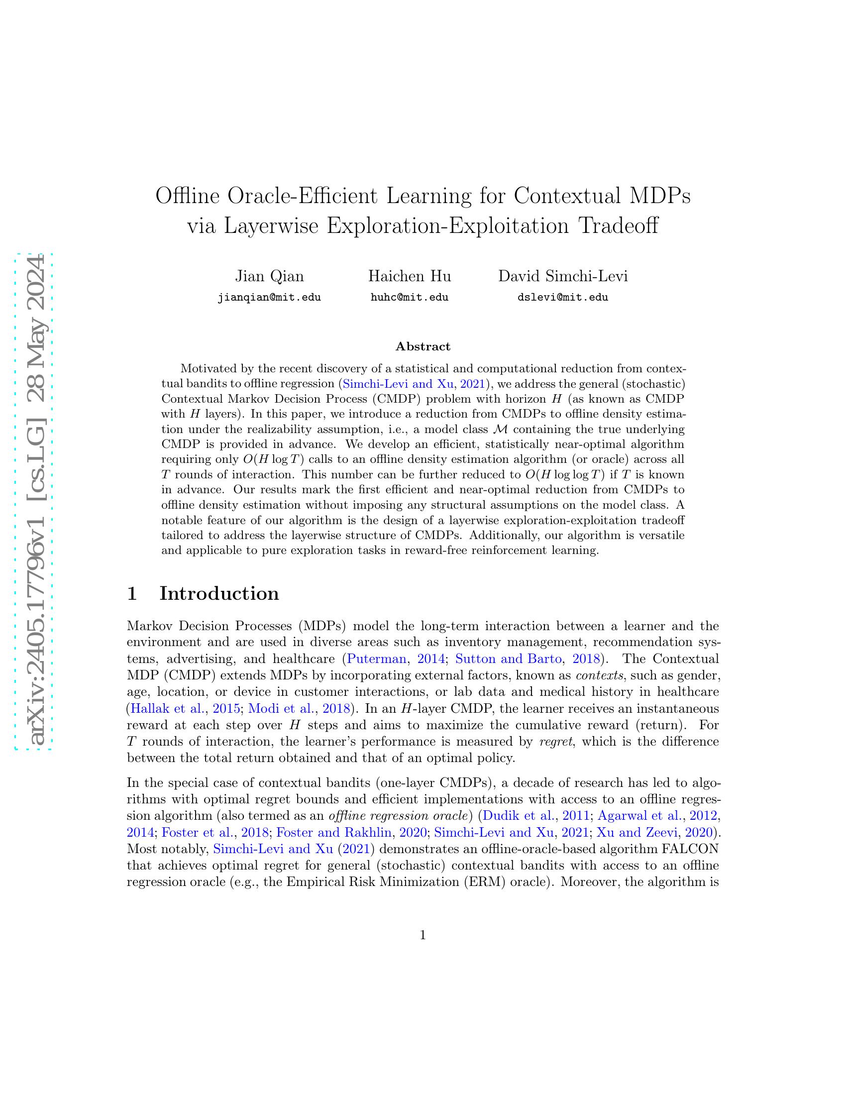 Offline Oracle-Efficient Learning for Contextual MDPs via Layerwise Exploration-Exploitation ...